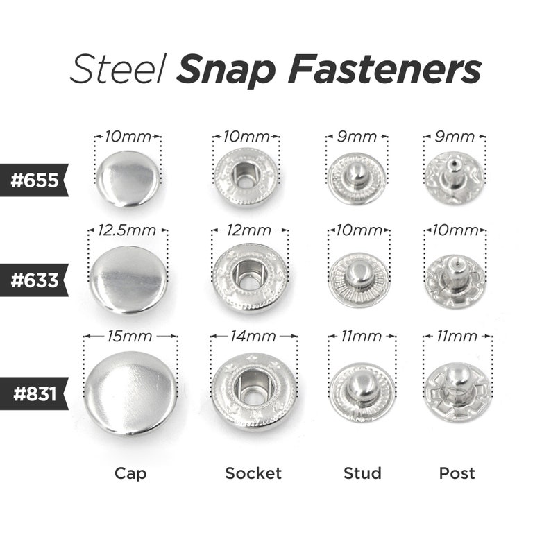 50sets Metal Snap Fasteners Press Studs Snap Buttons Poppers 10mm #655 ...