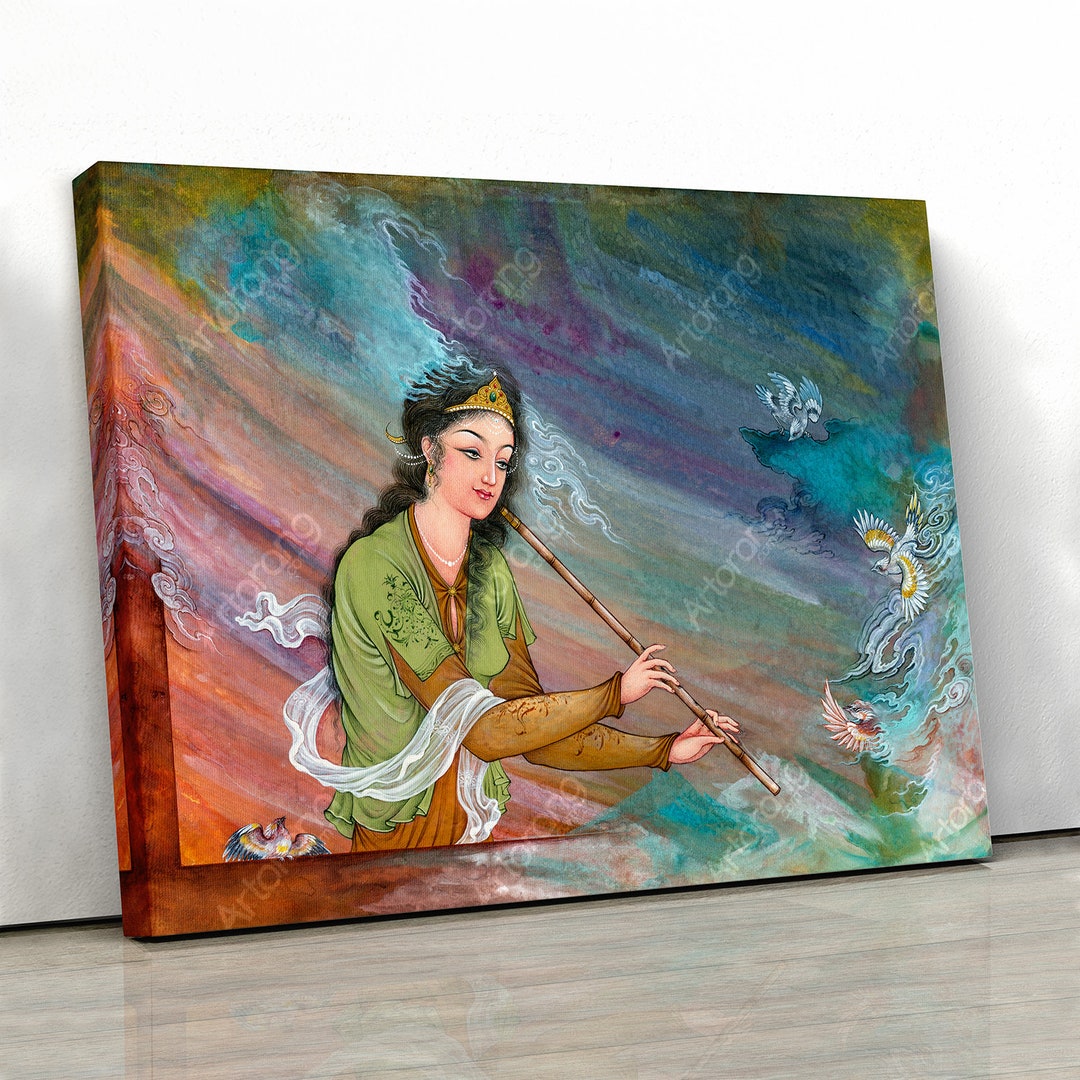 Persian Girl Playing Ney in Heaven, Persian Miniature Painting Print ...