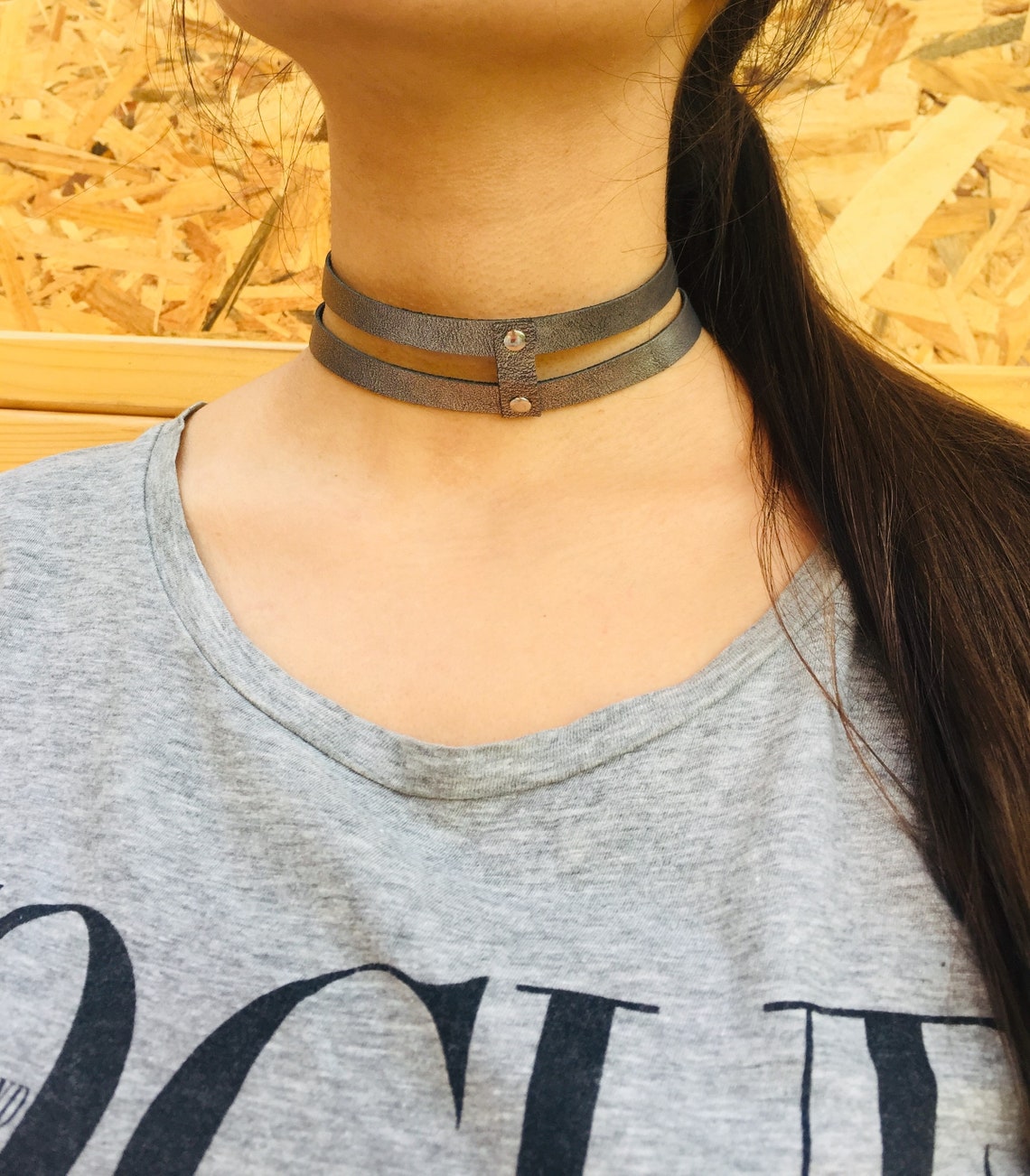 Genuine Leather Old Silver Choker / Two Straps With Rivets / Handmade ...