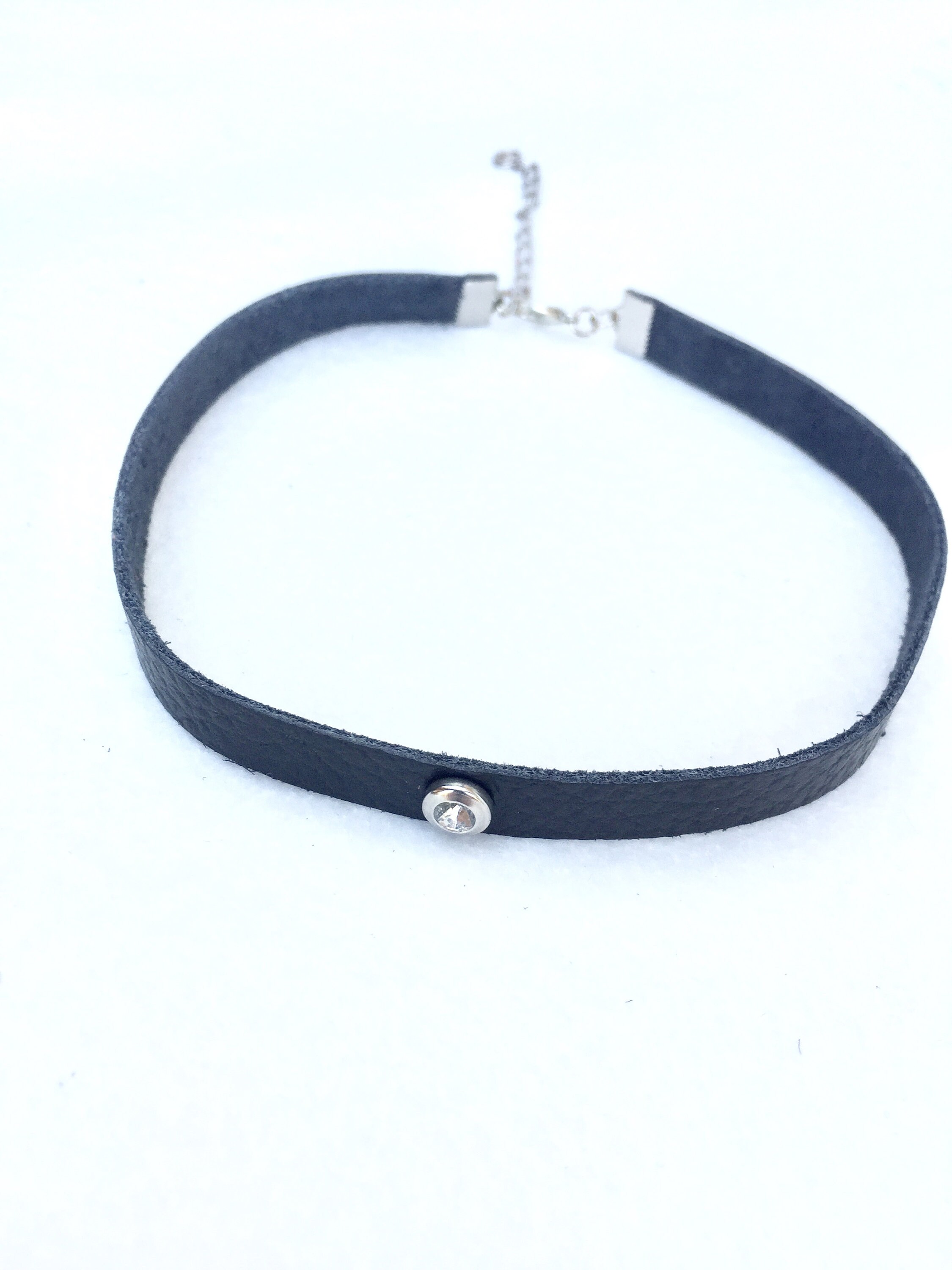 Simple Black Genuine Leather Choker With Crystal Rivet/ Thin 1 Cm Plain ...