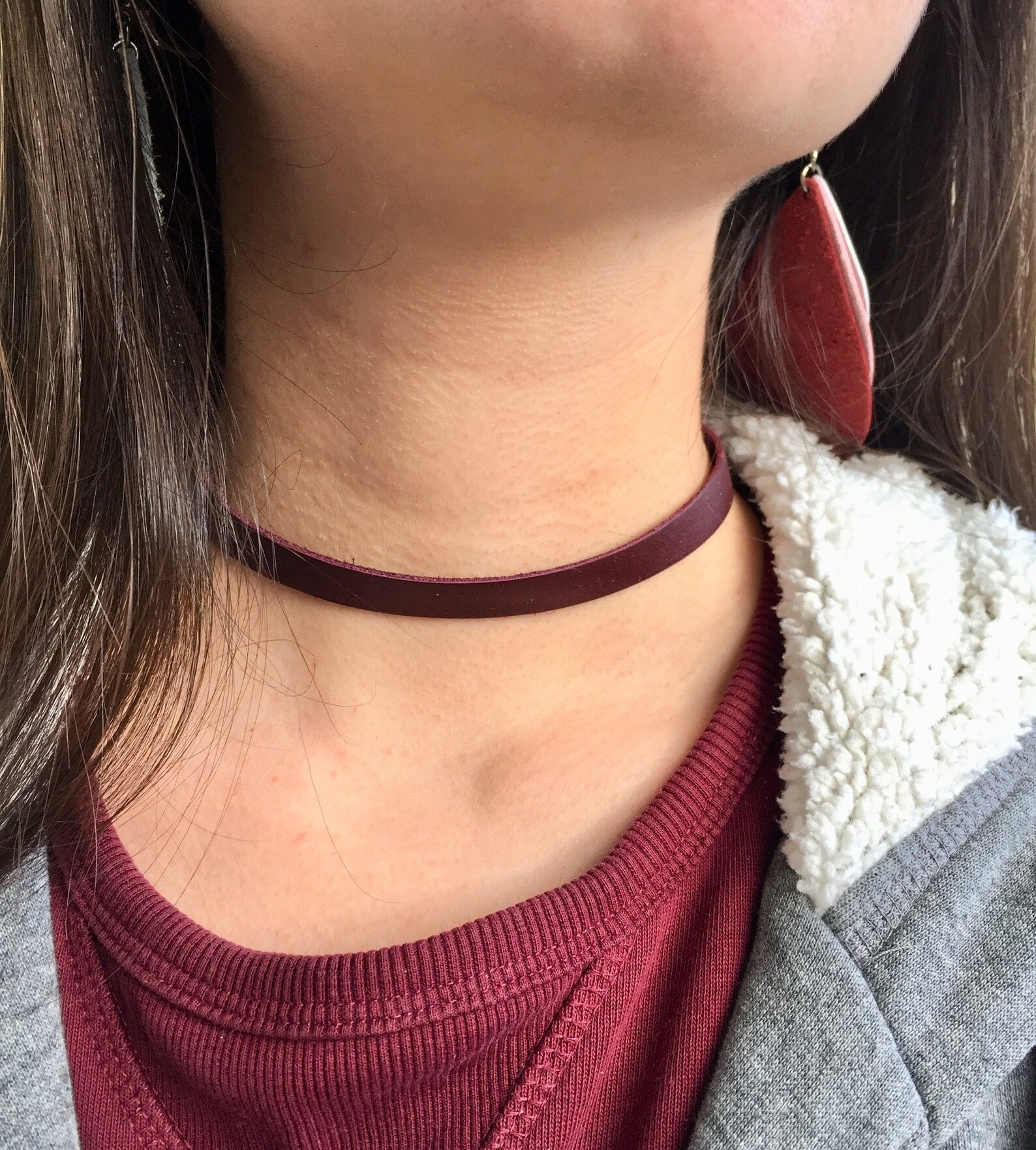 Simple Burgundy Genuine Leather Choker /thin 1 Cm Plain Soft Choker ...