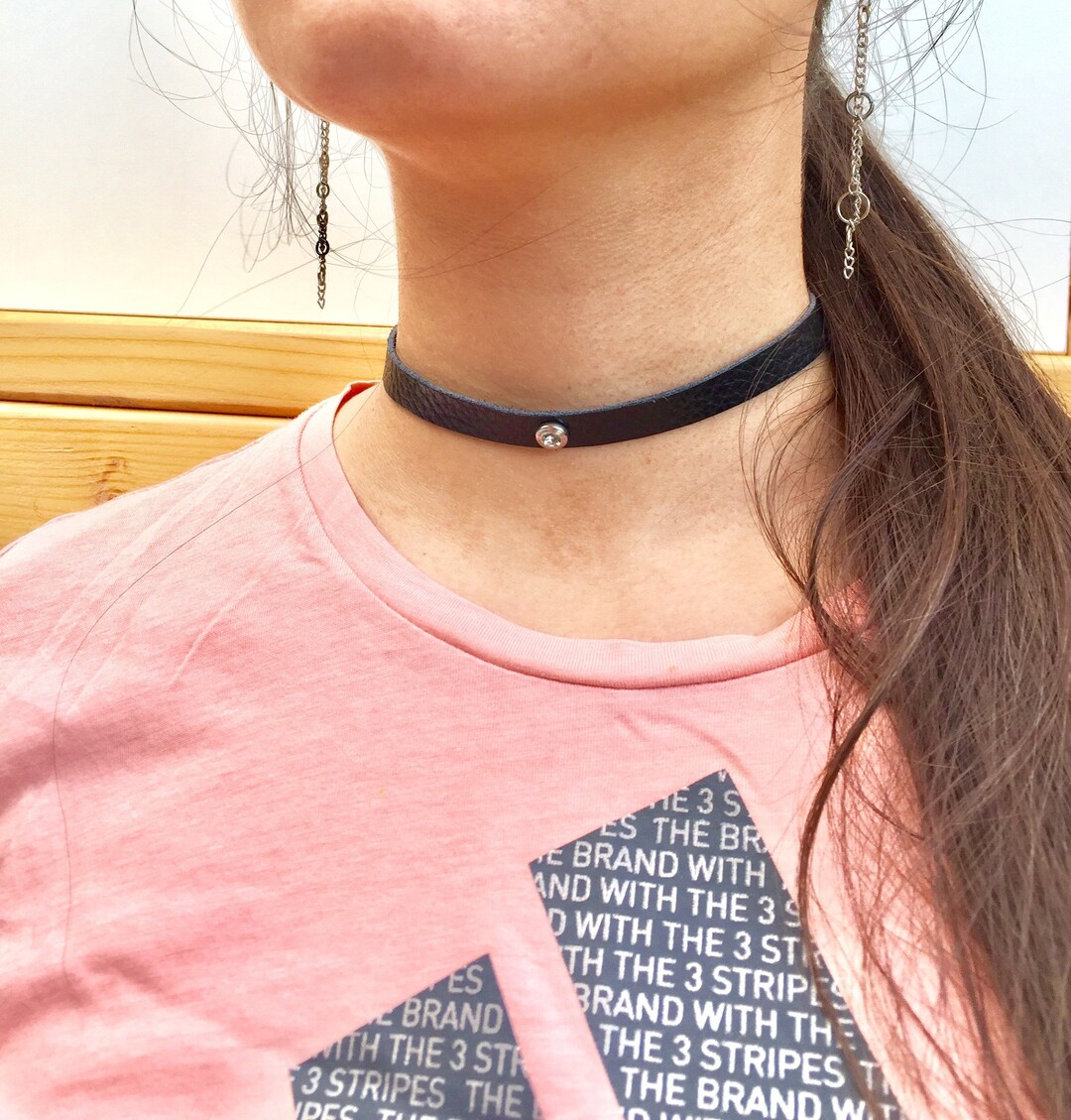 Simple Black Genuine Leather Choker With Crystal Rivet/ Thin 1 Cm Plain ...