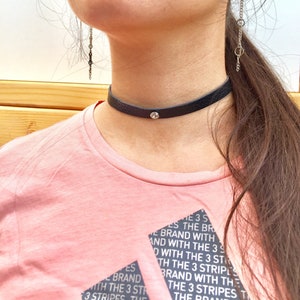 Simple Black Genuine Leather Choker With Crystal Rivet/ Thin 1 Cm Plain ...