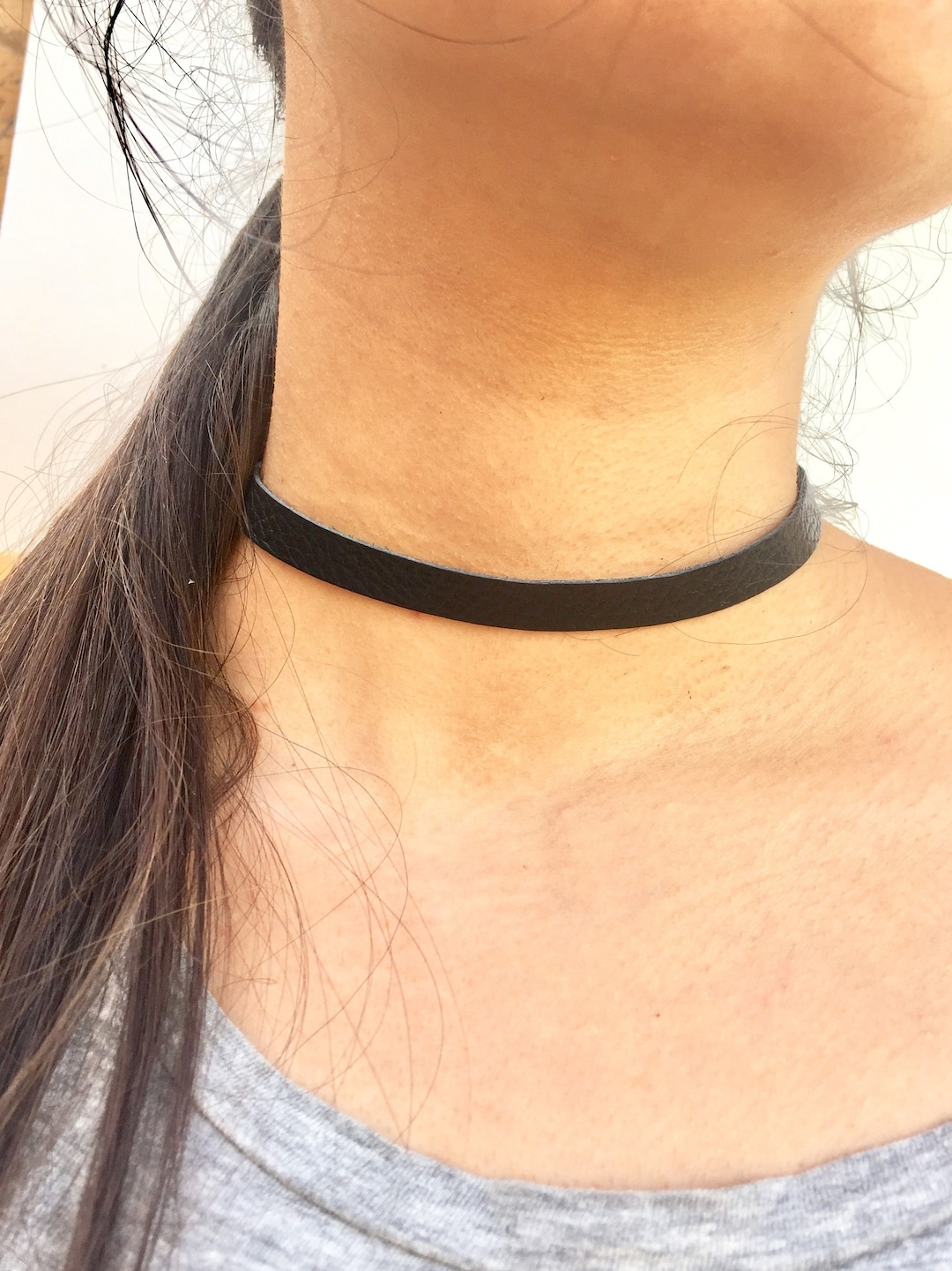 Simple Black Genuine Leather Choker /thin 1 Cm Plain Soft Choker ...