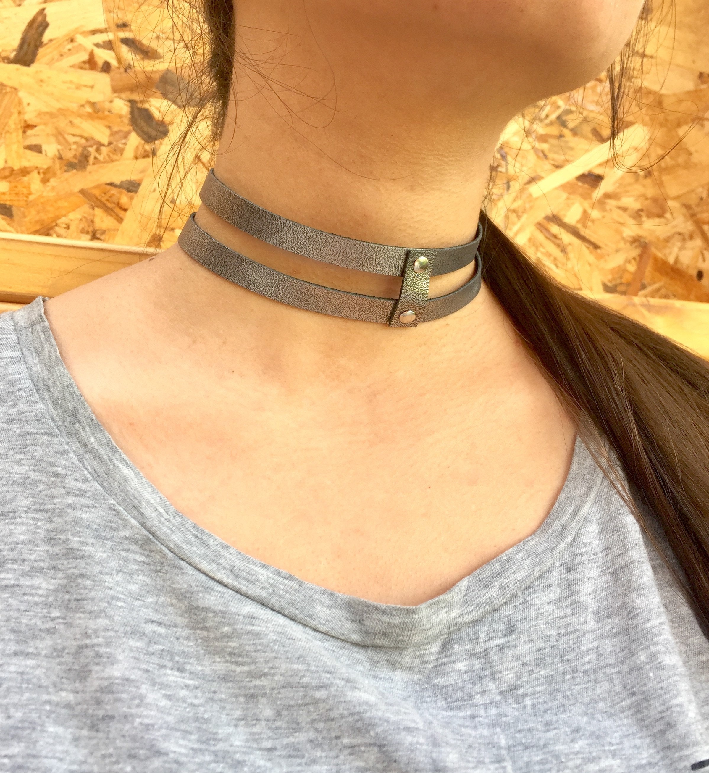 Genuine Leather Old Silver Choker / Two Straps With Rivets / Handmade ...