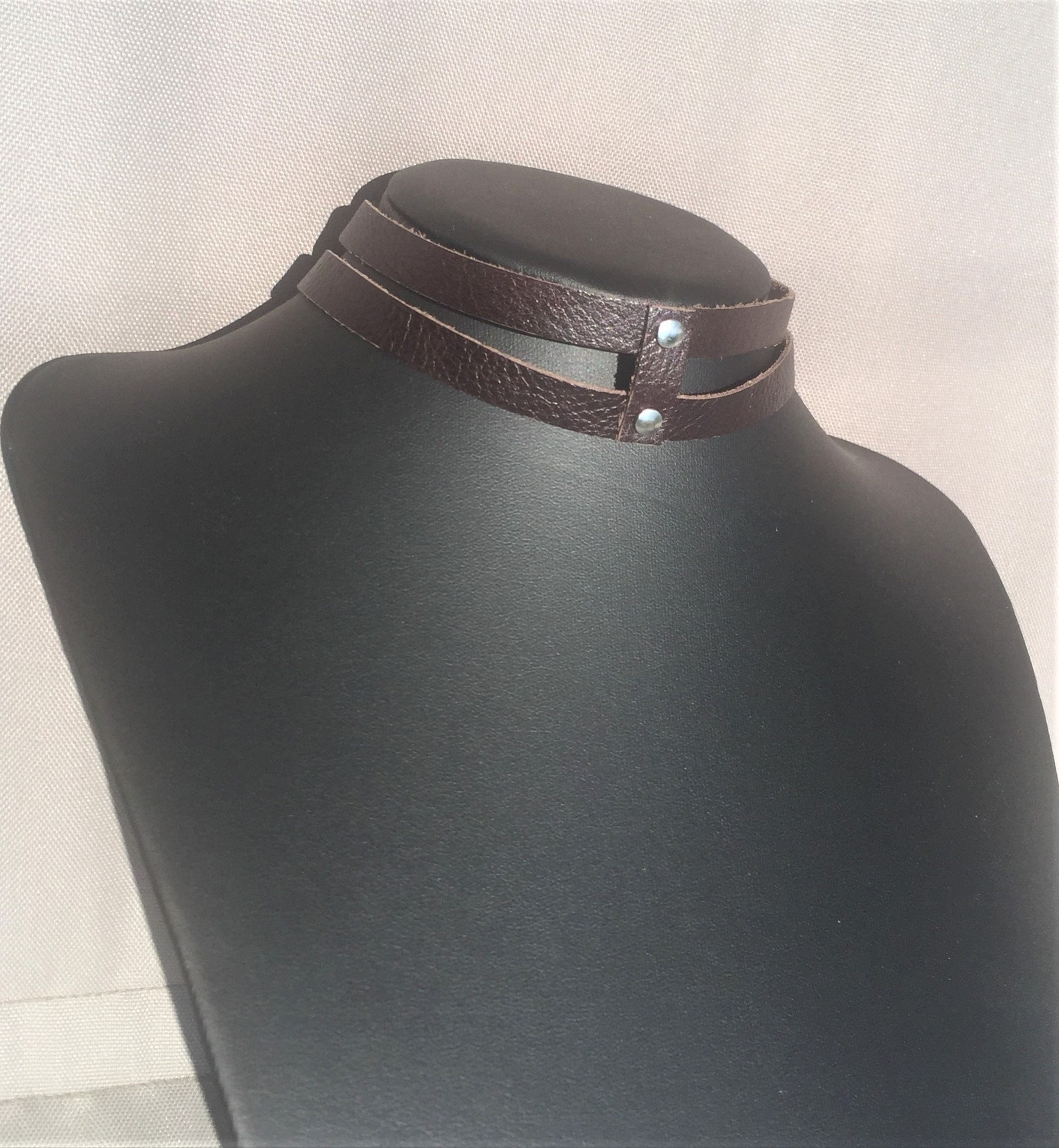 Genuine Black Leather Choker / Two Straps With Rivets / 1 Cm Wide Soft ...