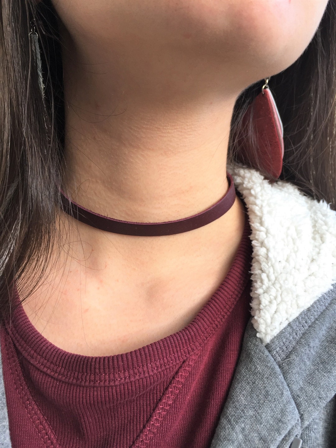 Simple Burgundy Genuine Leather Choker /thin 1 Cm Plain Soft Choker ...