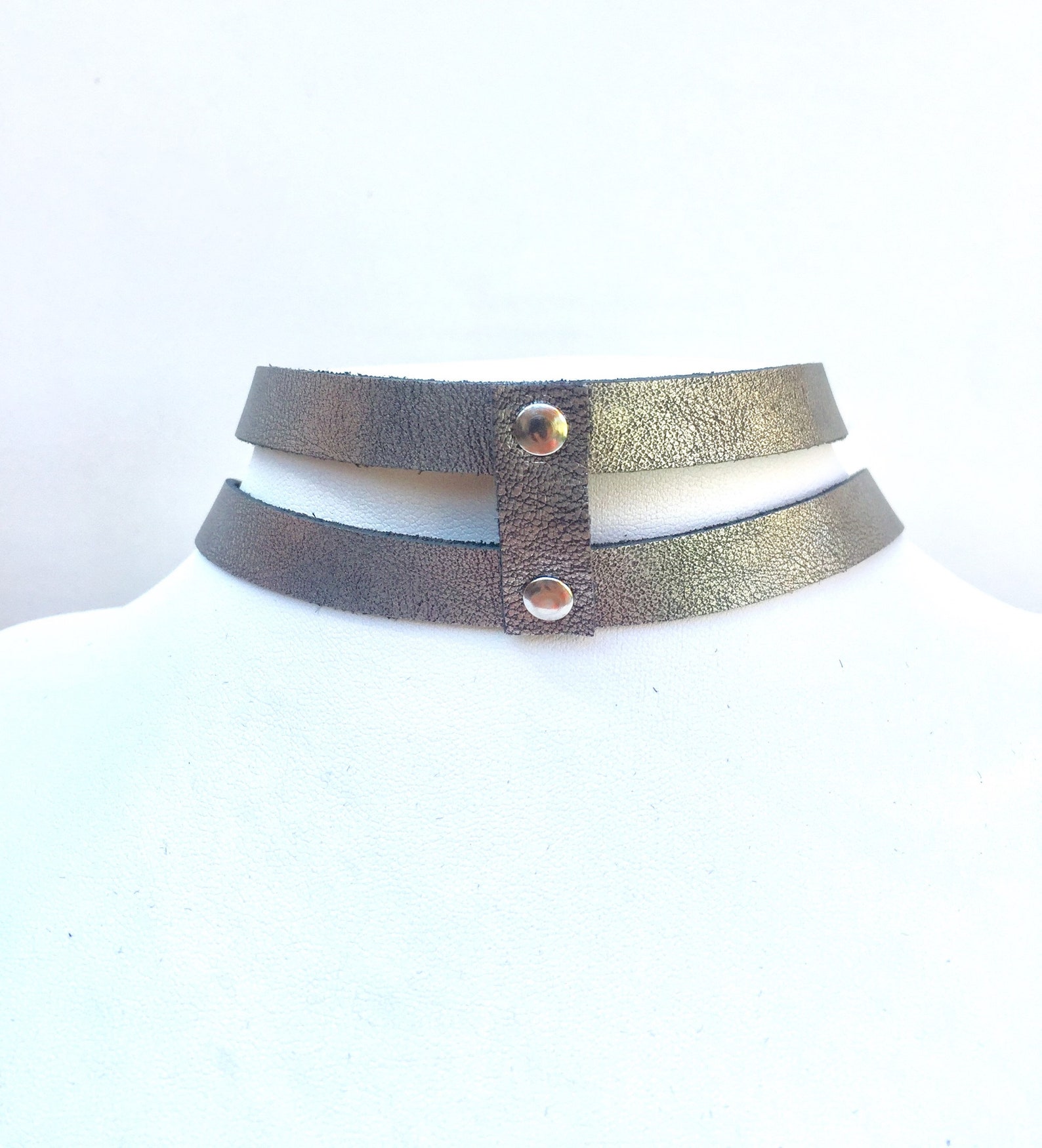 Genuine Leather Old Silver Choker / Two Straps With Rivets / Handmade ...