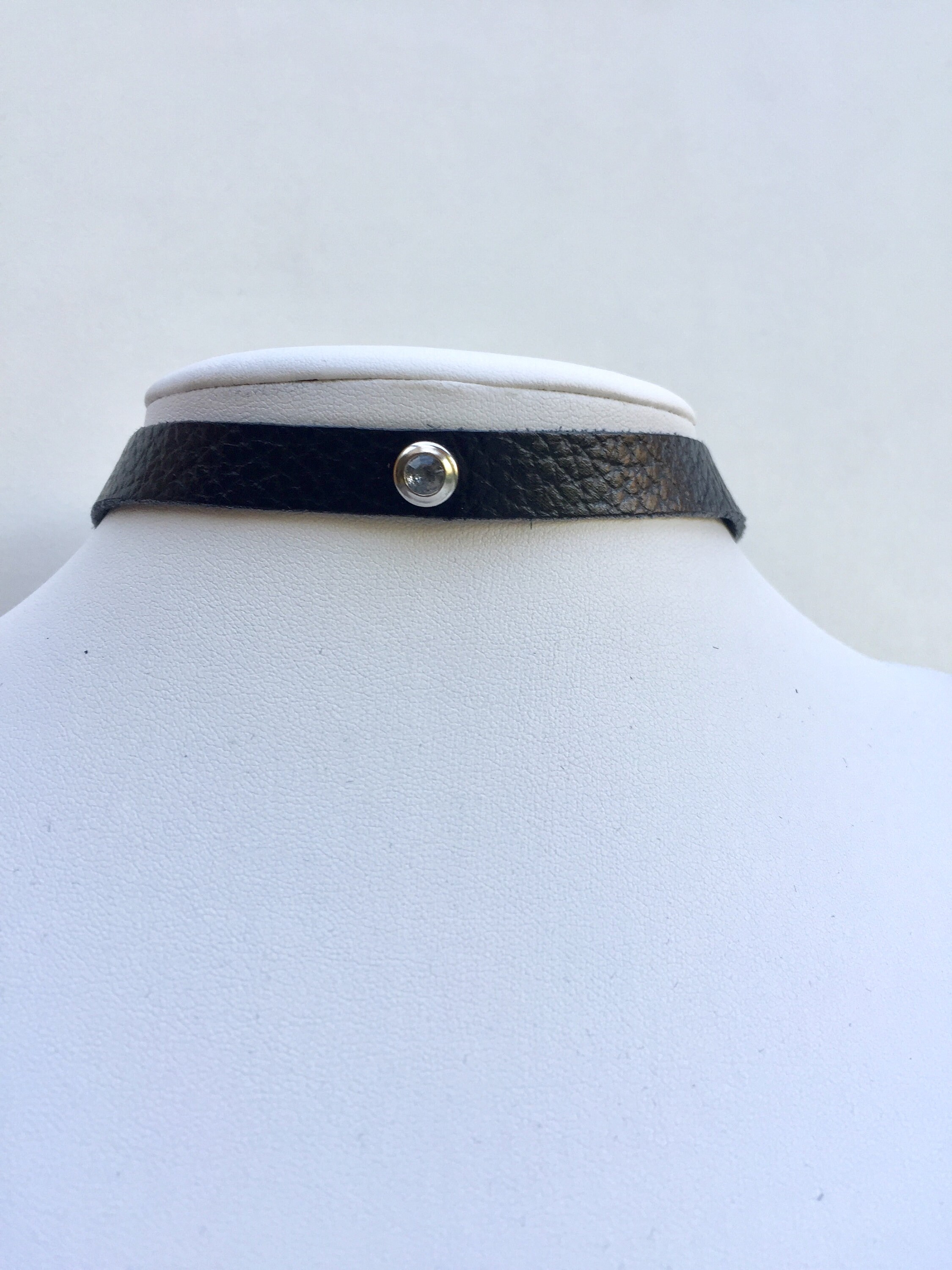Simple Black Genuine Leather Choker with crystal rivet/ Thin 1 | Etsy