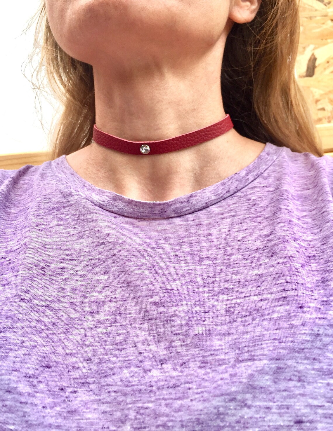 Simple Red Genuine Leather Choker with crystal rivet/ Thin 1 | Etsy