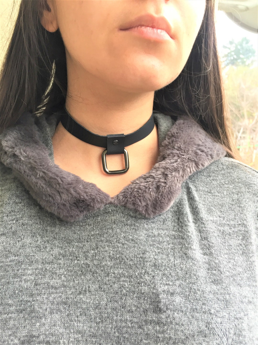 Genuine Leather Choker /black Smooth Leather Square Ring Choker ...