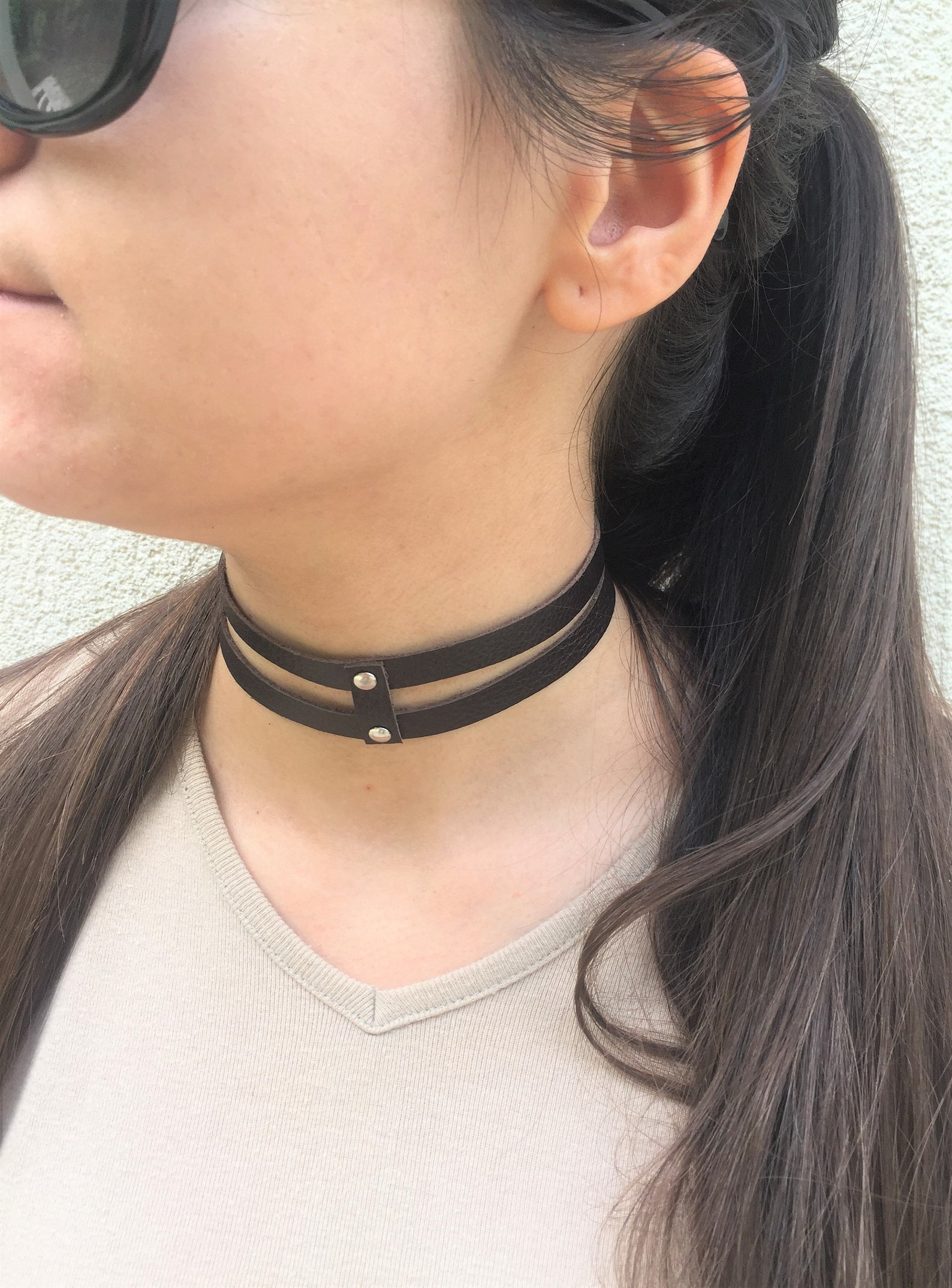 Genuine Black Leather Choker / Two Straps With Rivets / 1 Cm - Etsy