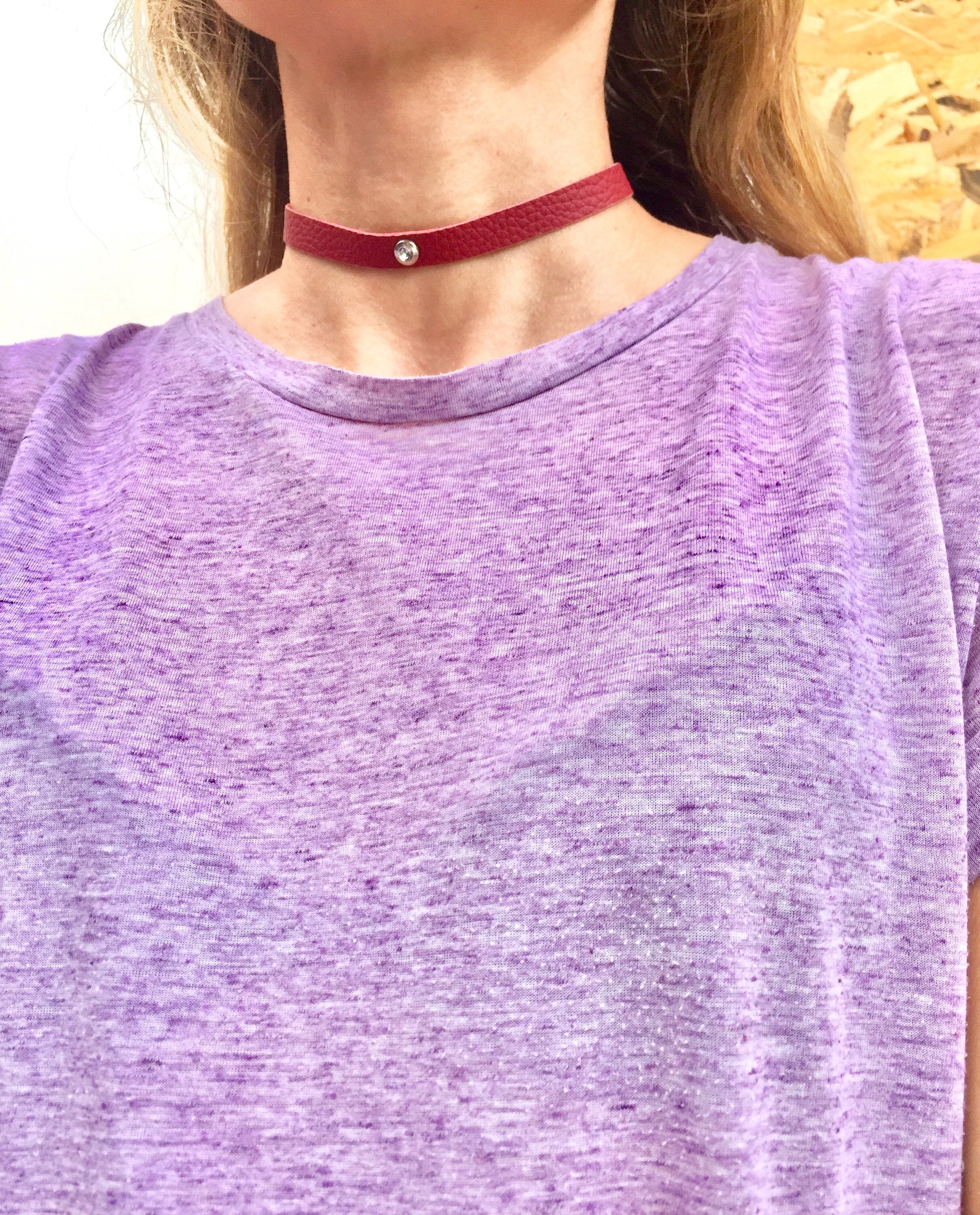 Simple Red Genuine Leather Choker with crystal rivet/ Thin 1 | Etsy