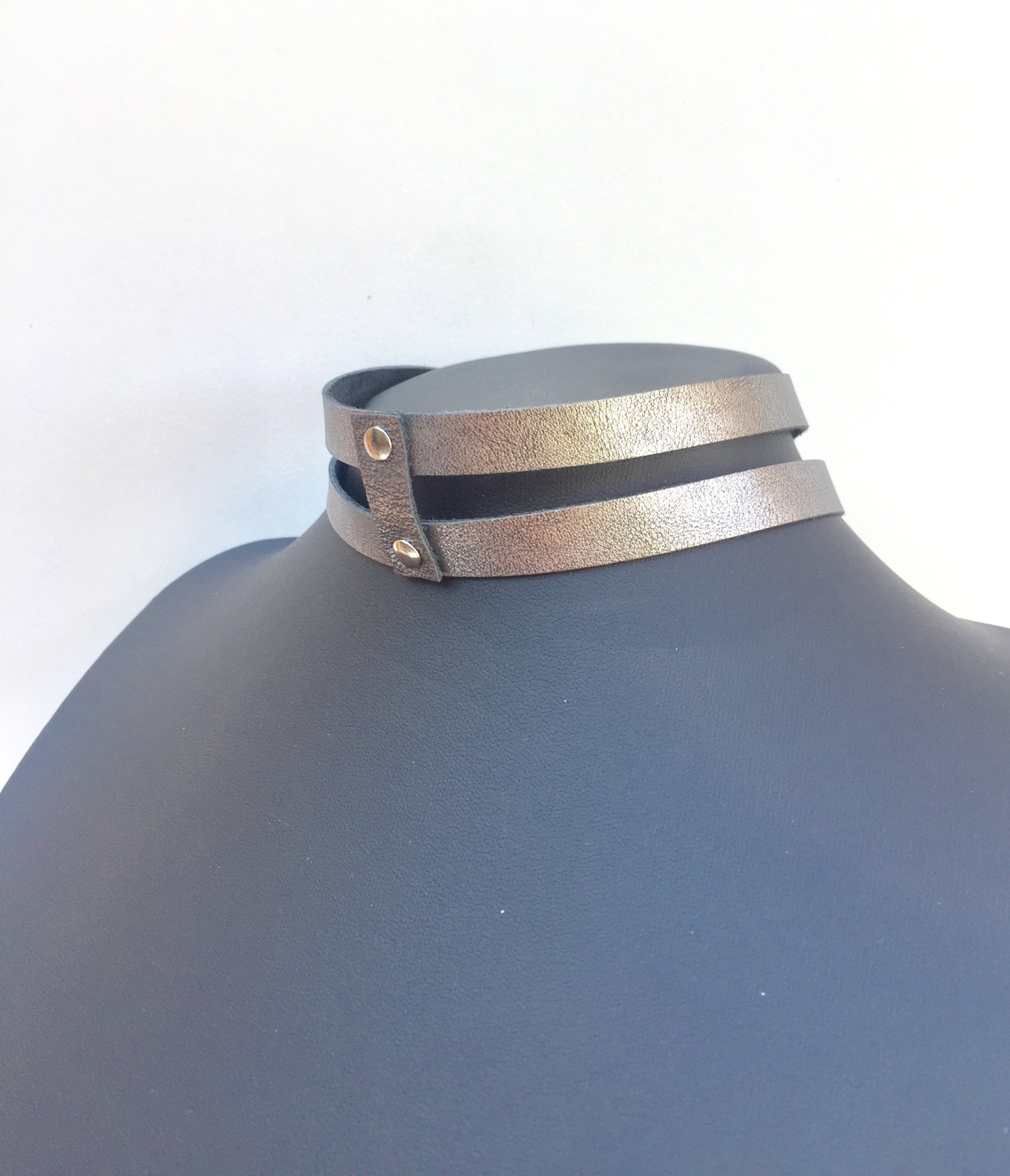 Genuine Leather Old Silver Choker / Two Straps With Rivets / Handmade ...