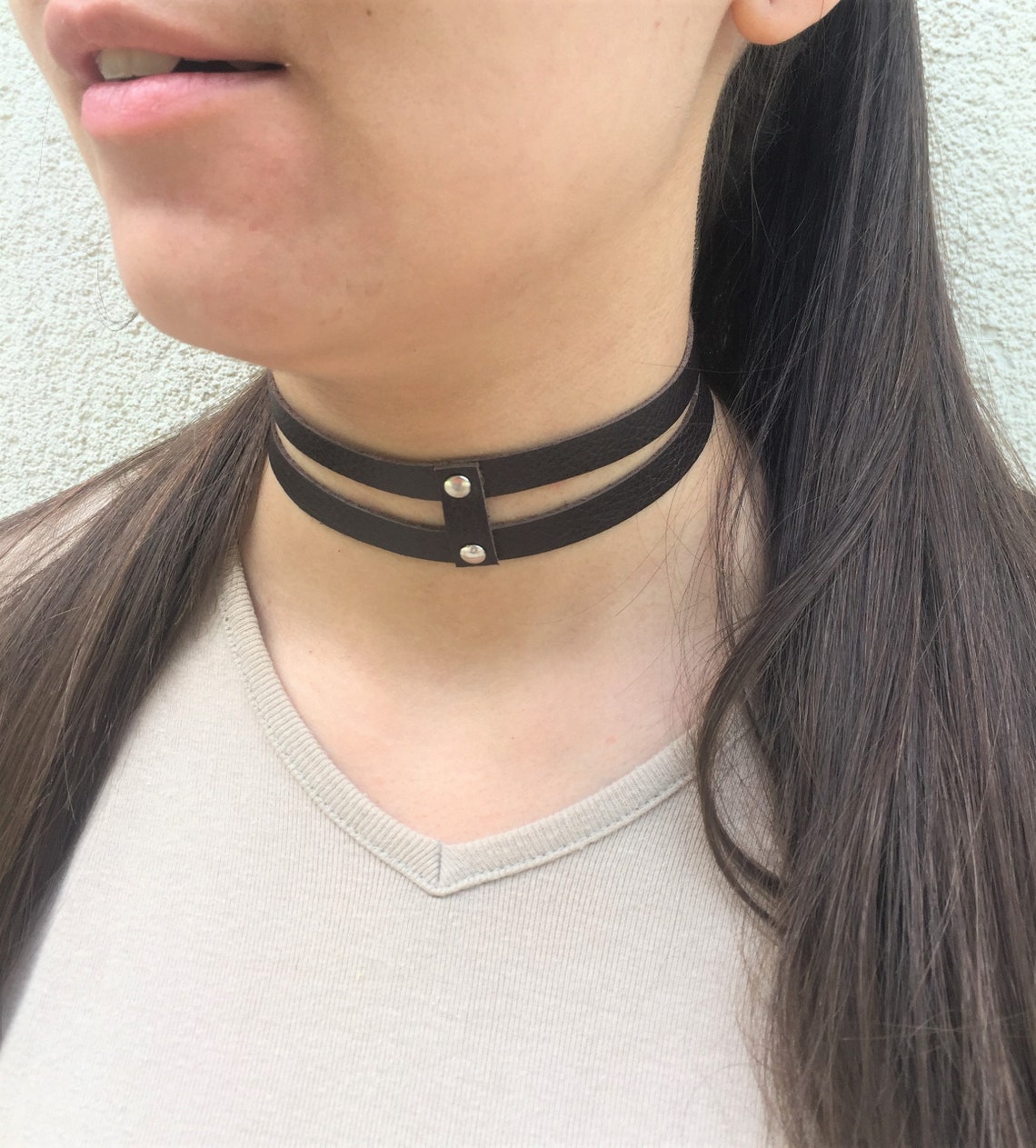 Genuine Black Leather Choker / Two Straps With Rivets / 1 Cm - Etsy
