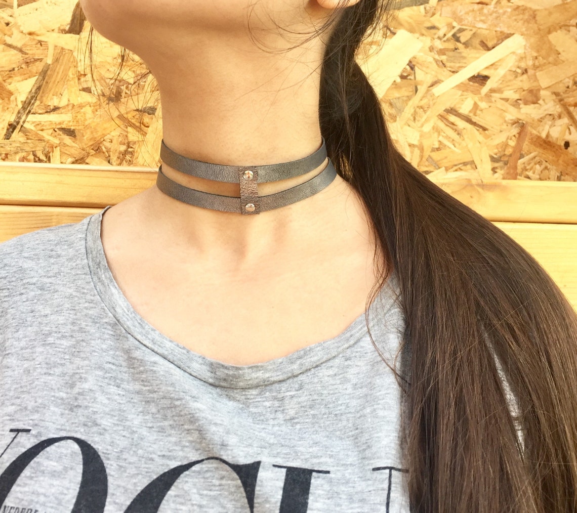 Genuine Leather Old Silver Choker / Two Straps With Rivets / Handmade ...