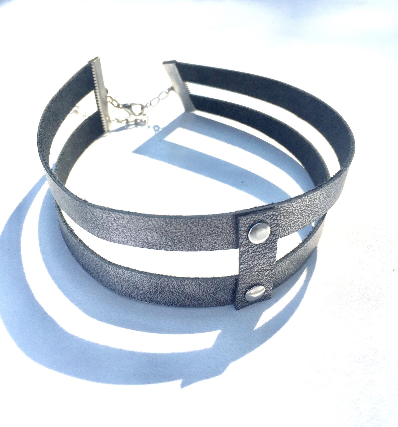 Genuine Leather Old Silver Choker / Two Straps With Rivets / Handmade ...