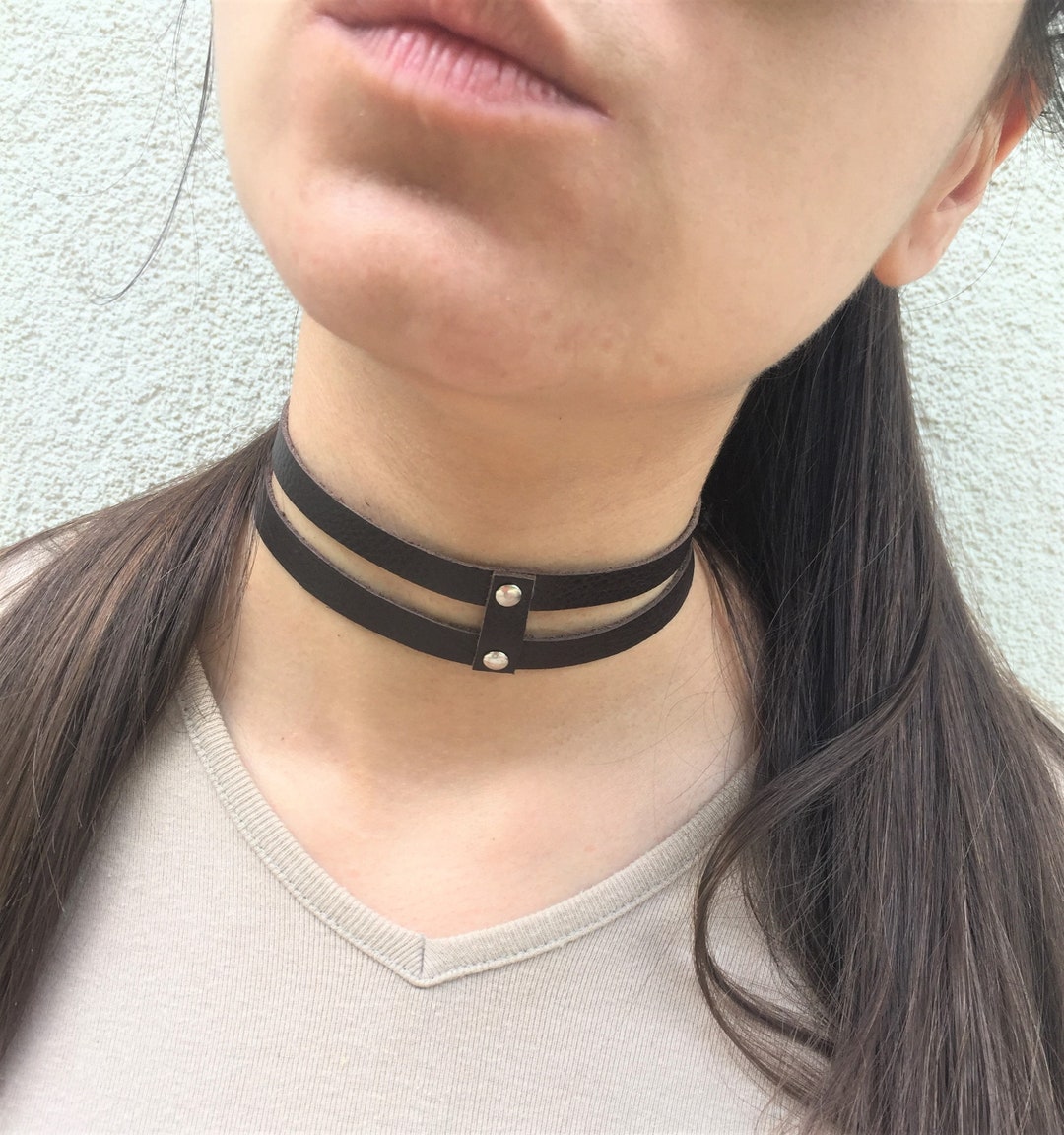 Genuine Black Leather Choker / Two Straps With Rivets / 1 Cm Wide Soft ...