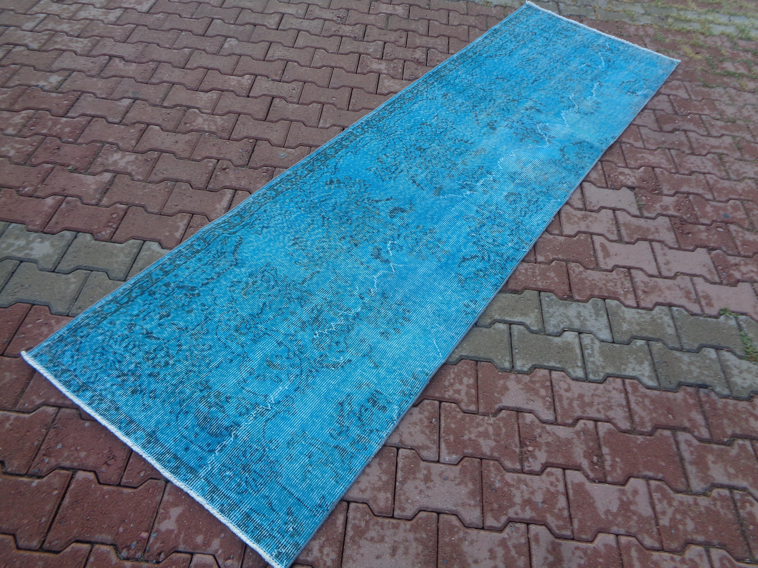 9.4 X 2.8 Turquoise Vintage Runner Rug, Overdyed Stair Treads Carpet ...