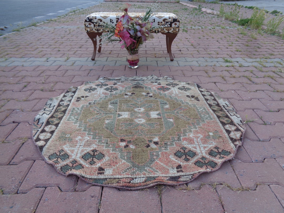 Round Green Rug, Vintage Circle Rug, Rustic Outdoor Rug 3.6x3.7 Ethnic ...
