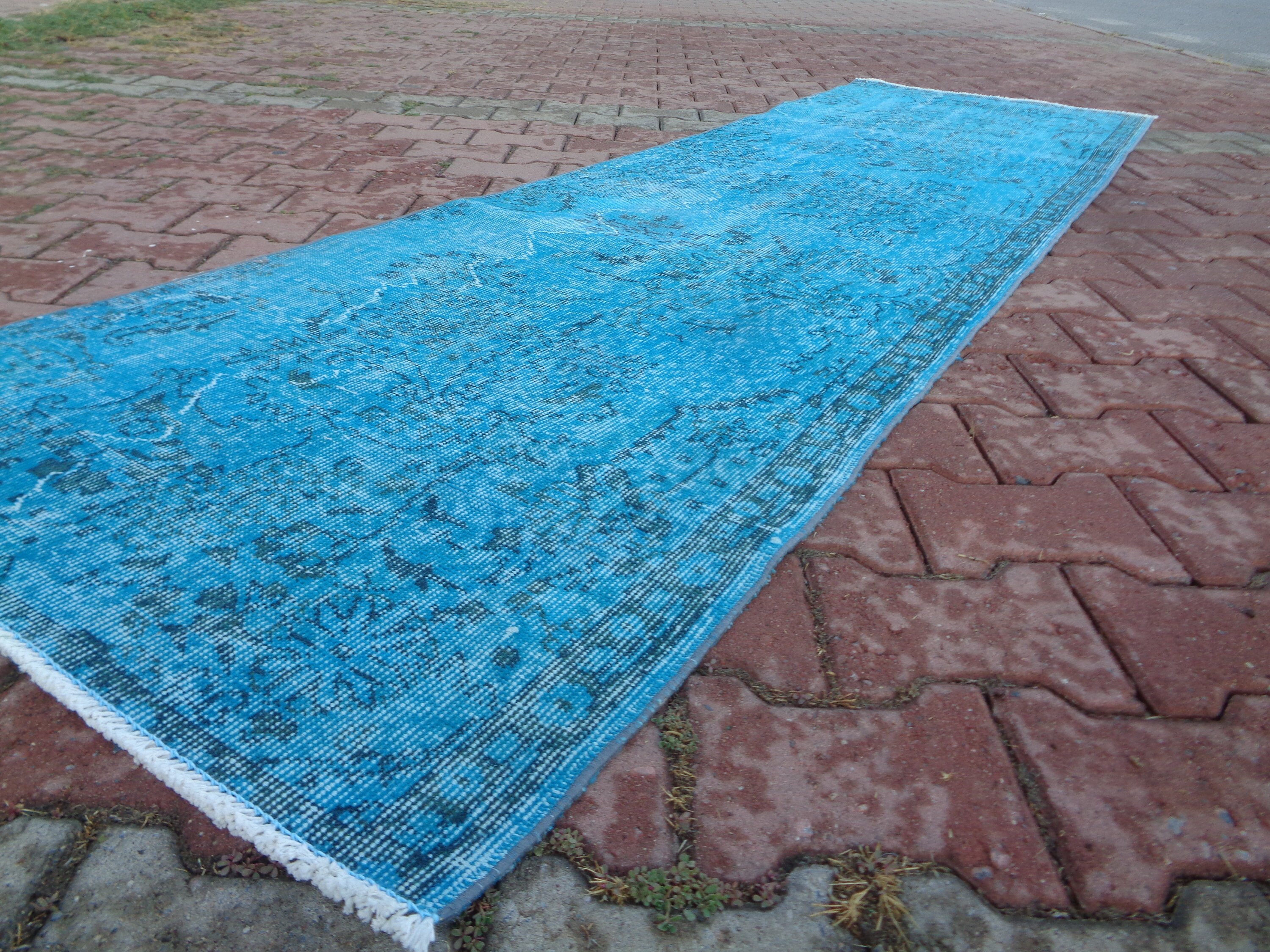 9.4 X 2.8 Turquoise Vintage Runner Rug, Overdyed Stair Treads Carpet ...