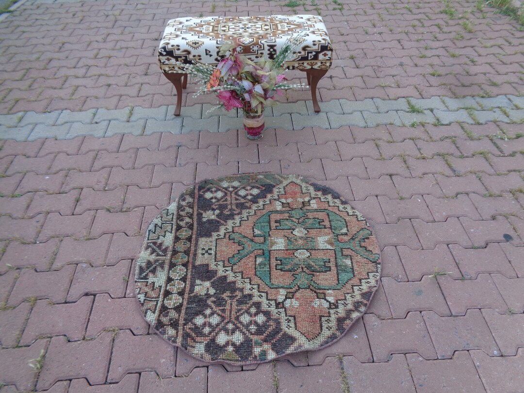 3 Ft Dark Round Rug, Vintage Circle Rug, Rustic Outdoor Rug 3x3 Turkish ...