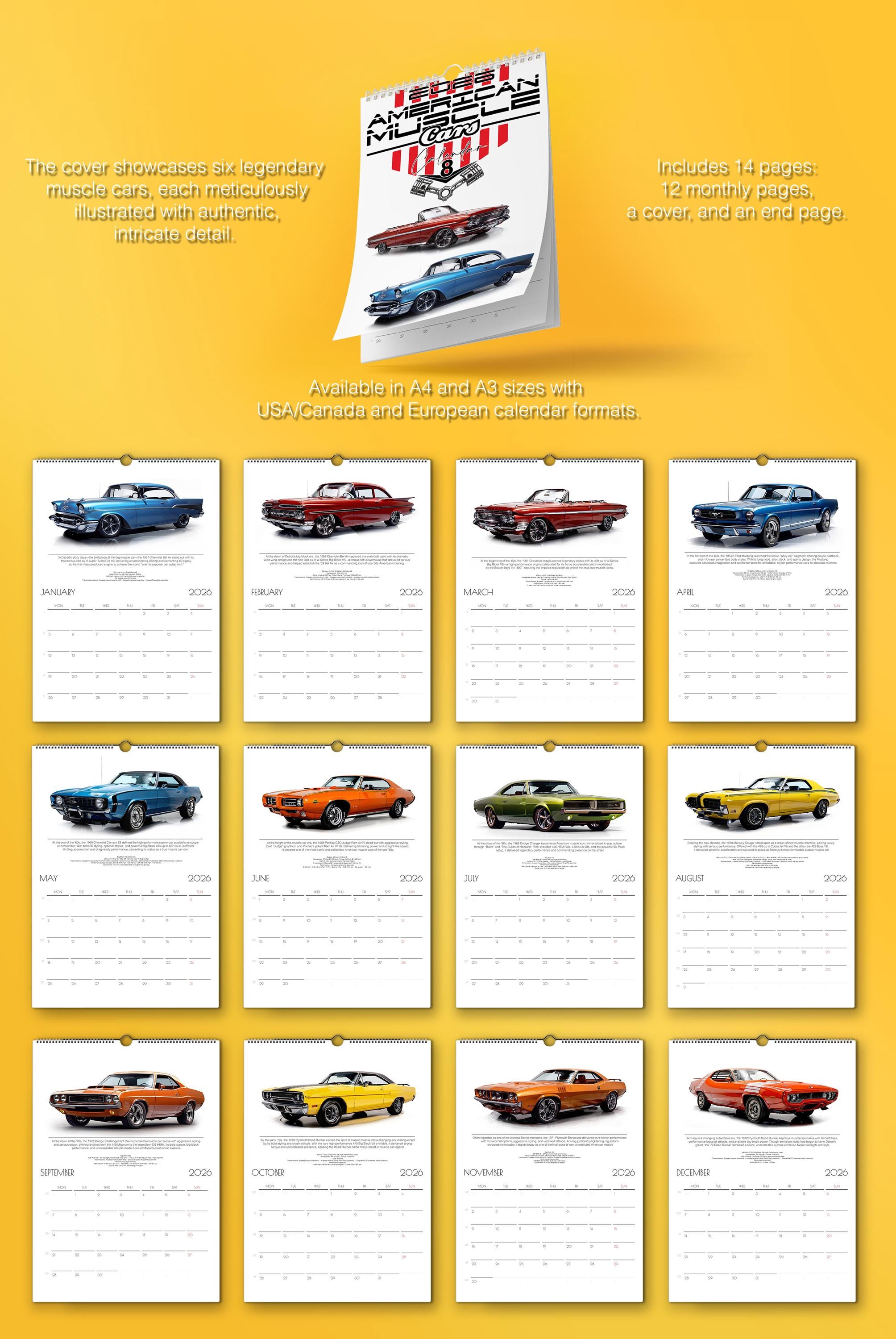 2026 American Muscle Car Calendar 12 Handmade Car Illustrations With ...
