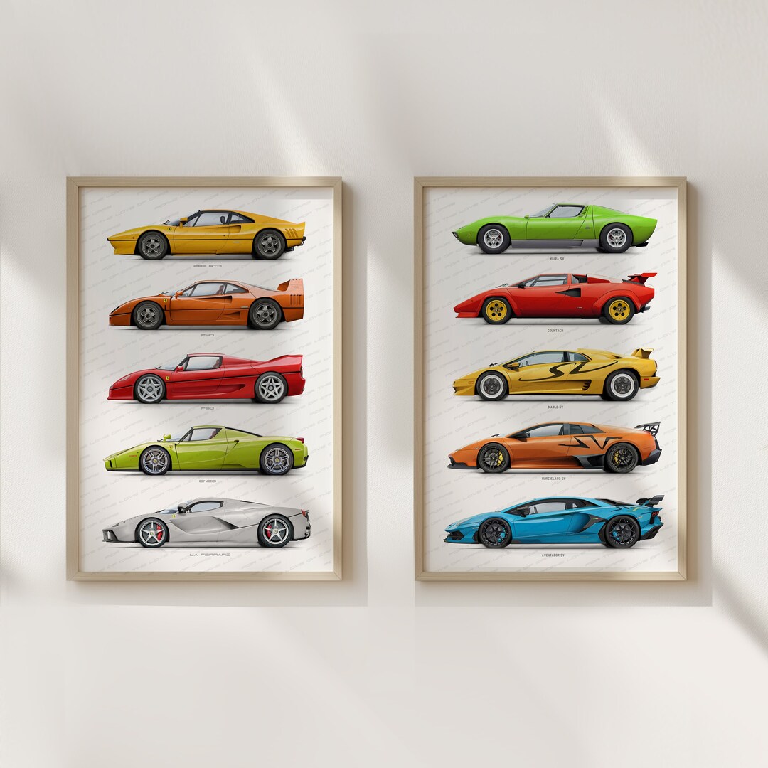 Set of 2 Poster, Ferrari and Lamborghini Inspired Gift for Car Lovers ...