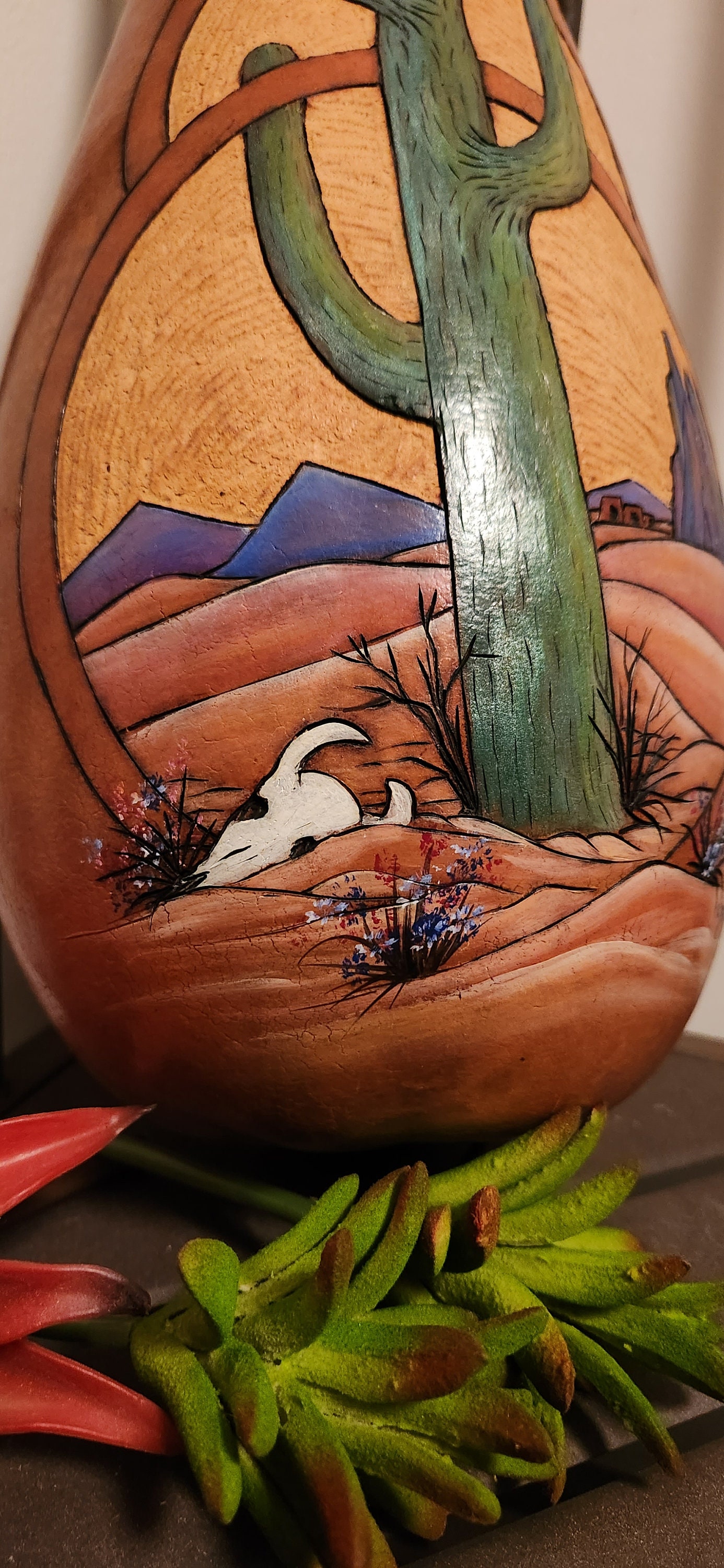 Vintage Handpainted Southwestern Gourd Art, Desert Cactus Gourd, Large ...