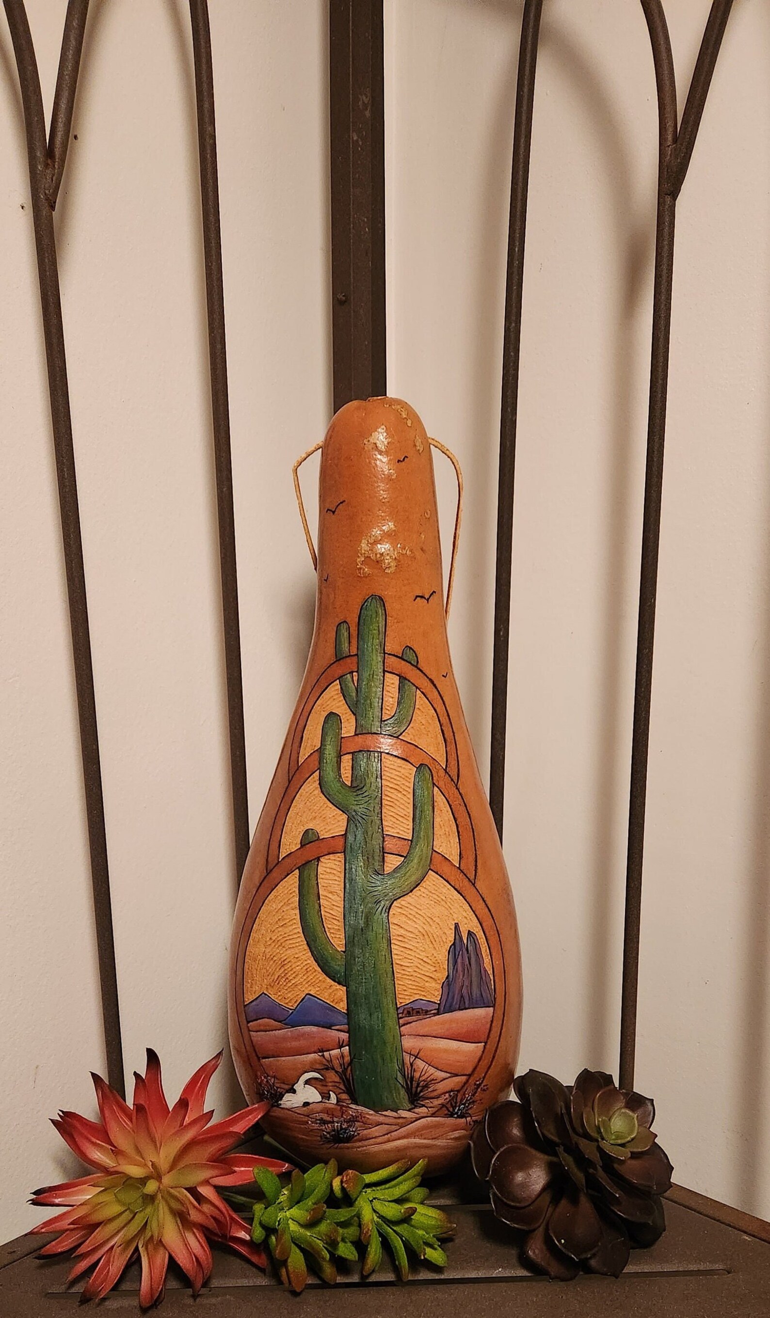 Vintage Handpainted Southwestern Gourd Art, Desert Cactus Gourd, Large ...