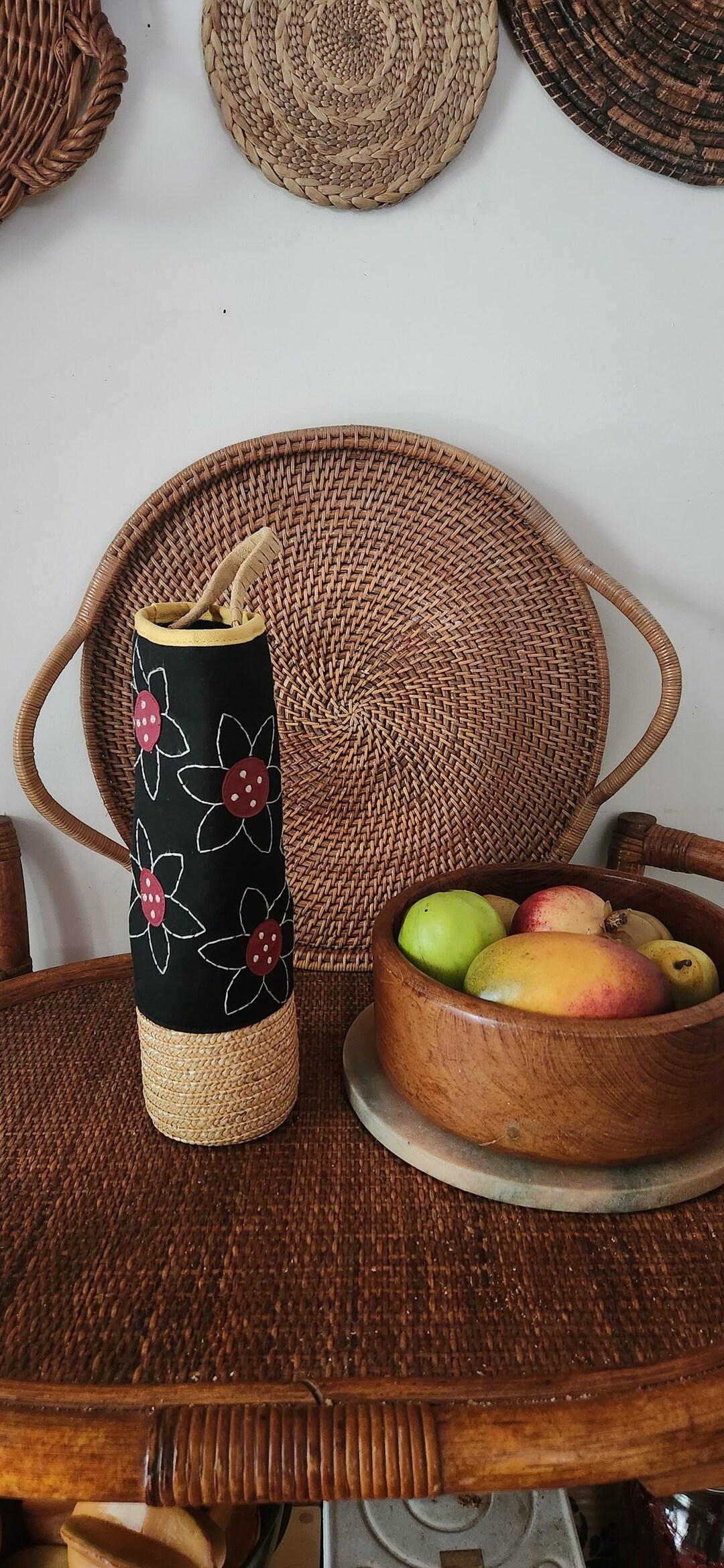 Boho Fabric and Straw Wine Bottle Tote, Wine Caddy, Olive Oil, Bottle ...