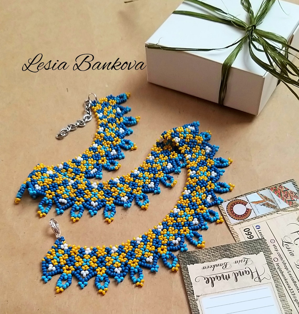 Handmade Beaded Necklace Ukrainian Silyanka Blue and Yellow Ethno ...