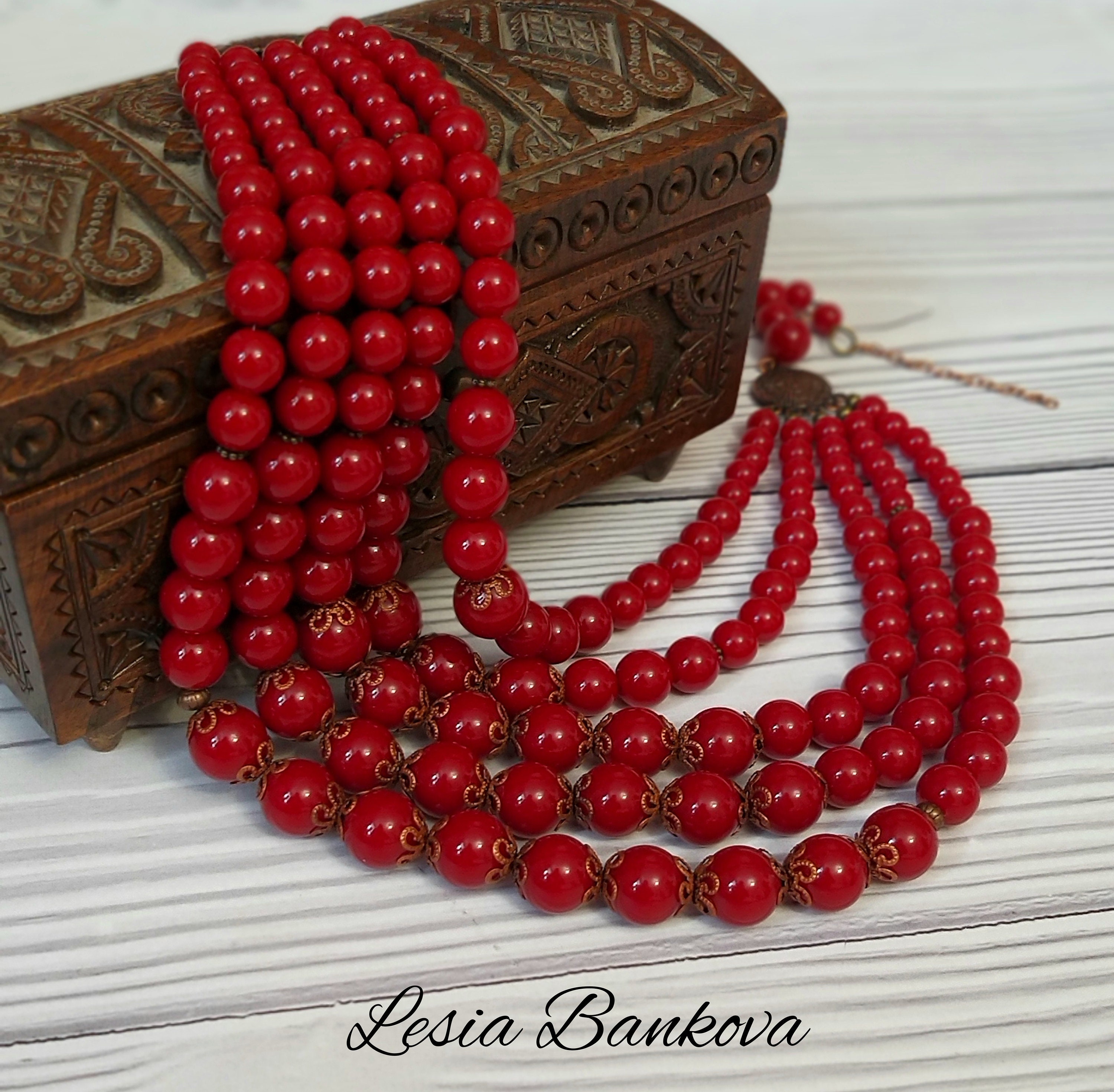 Red Traditional Ukrainian Bead Necklace Ukrainian Gherdan Folk Beads ...