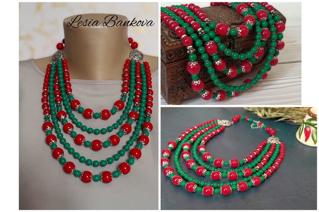 Red and Green Traditional Ukrainian Necklace Ukrainian Kerdan Folk ...