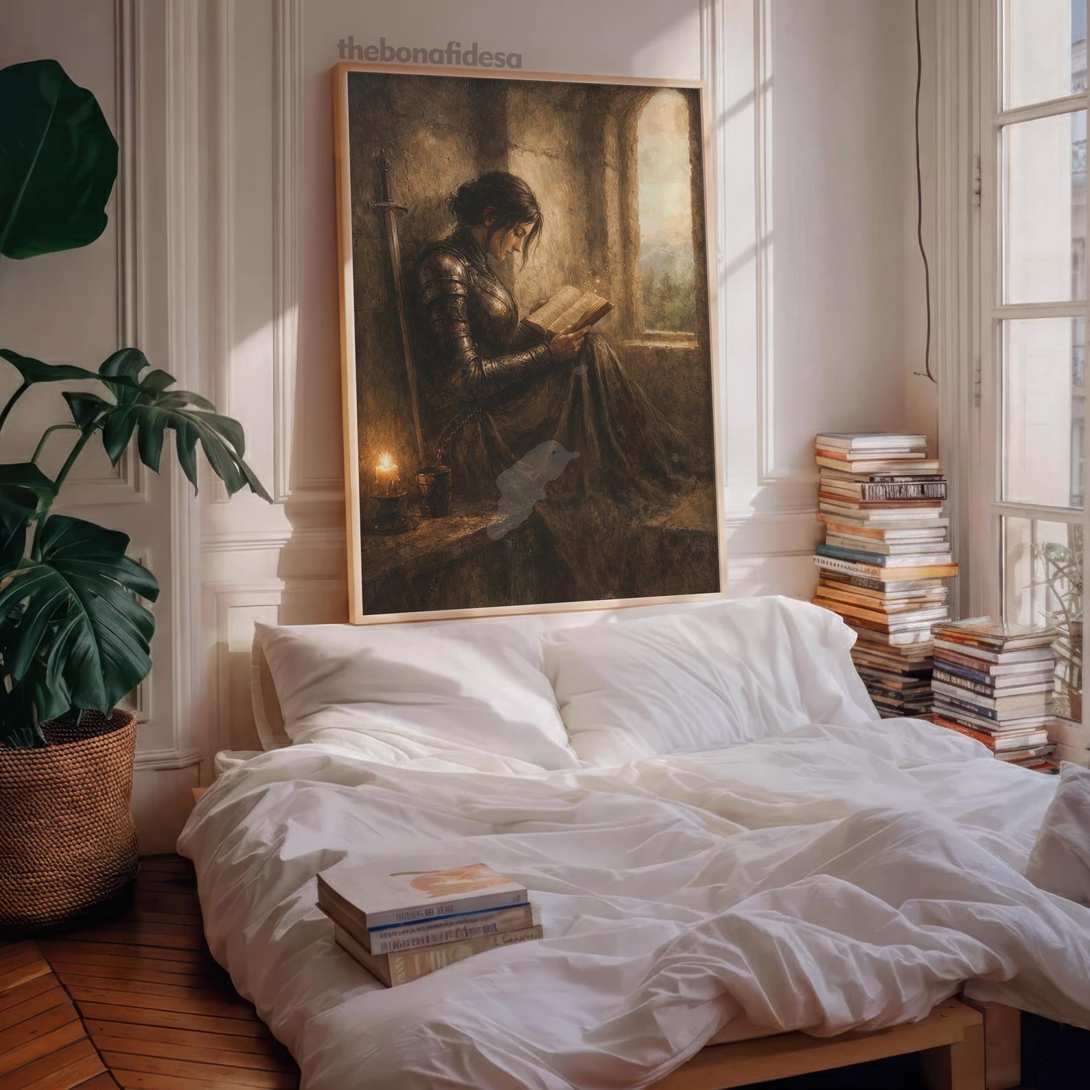 Victorian Woman Knight Reading a Book Vintage Wall Art Print, Book ...