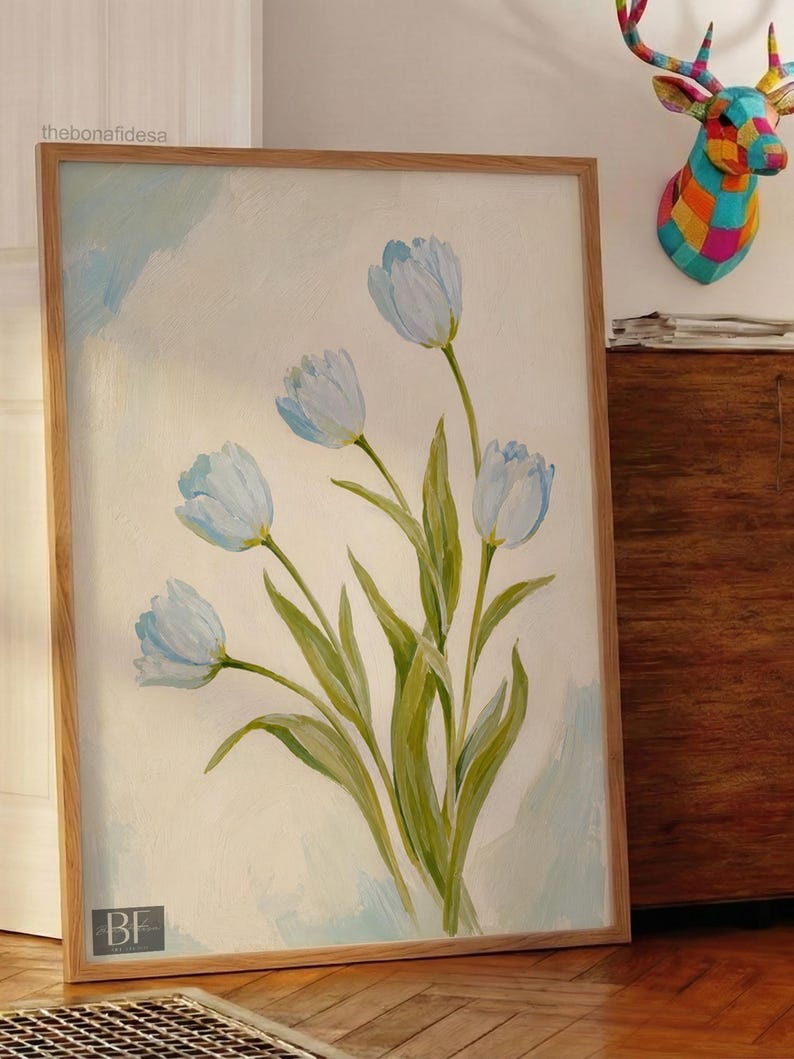 Blue & Green Tulip Floral Botanical Print | Grandmillennial Wall Decor ...