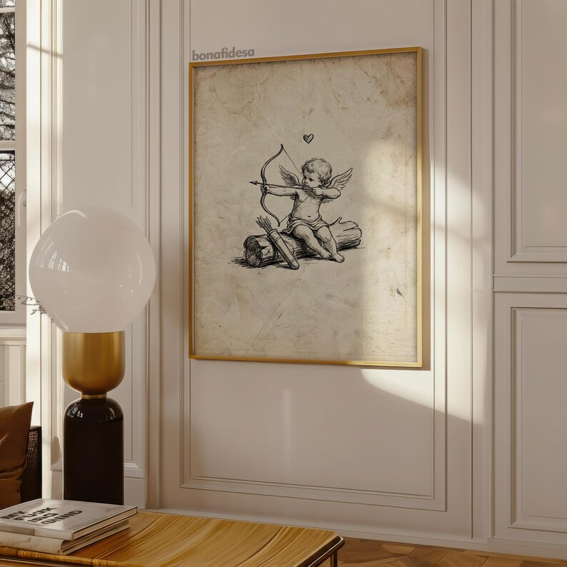 Arte de parede vintage com desenho de Cupido, ilustração antiga de ...