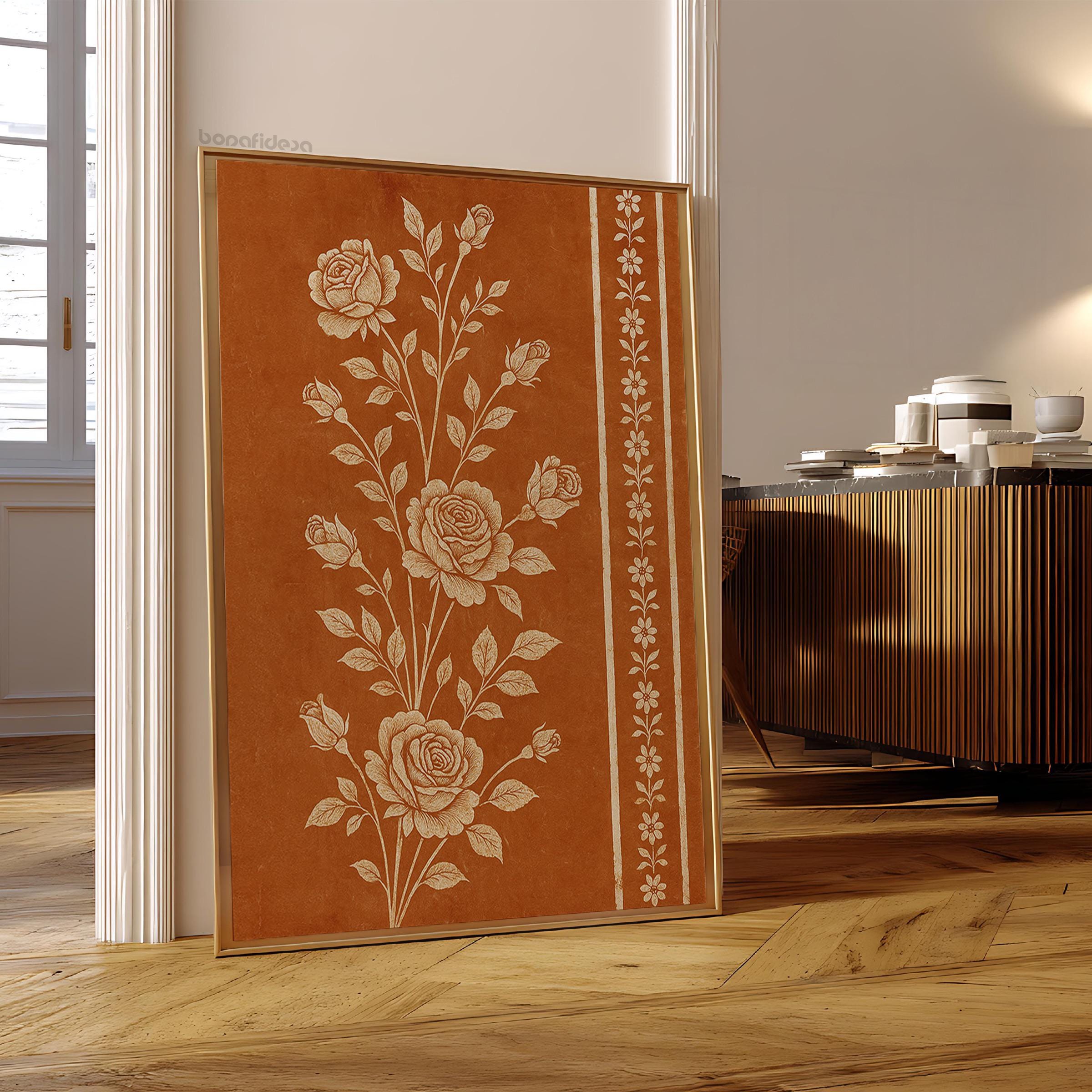 Vintage Rustic Textile Pattern Wall Art | Burnt Orange Autumn Print ...