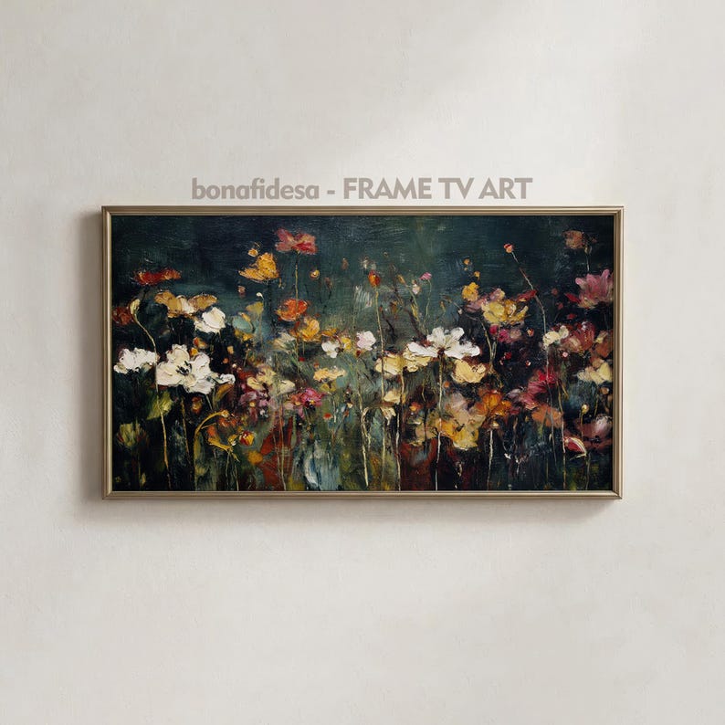 Moody Wildflowers Frame TV Art | Dark Green Botanical Summer Meadow ...