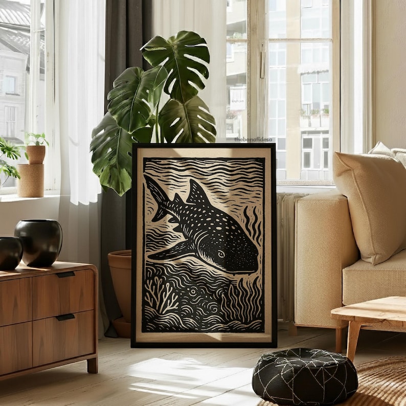 Whale Shark Linocut Print, Beige Rustic Coastal Wall Art (digital ...