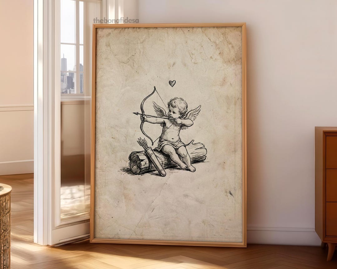 Arte de parede vintage com desenho de Cupido, ilustração antiga de ...