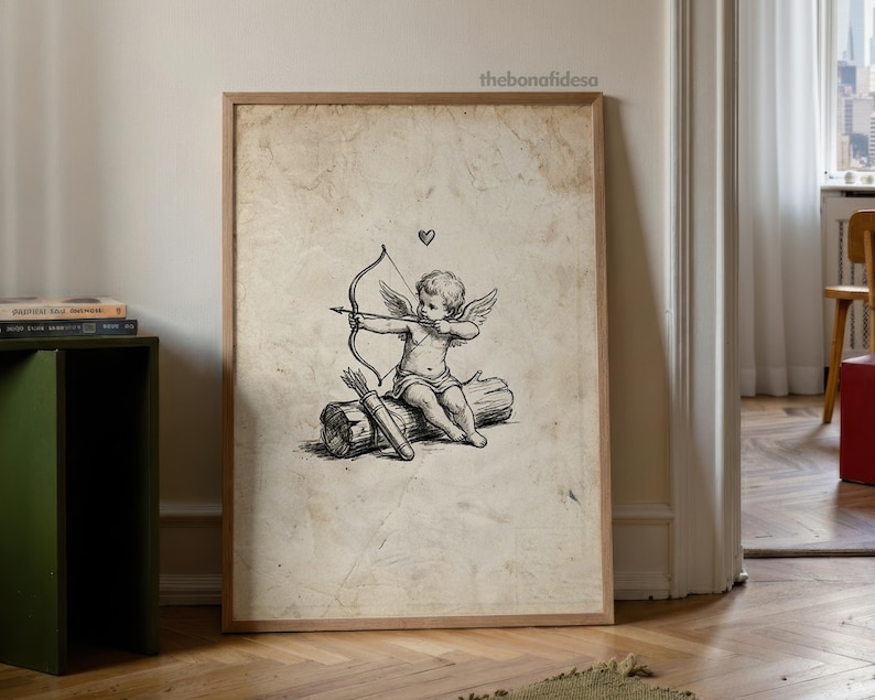 Arte de parede vintage com desenho de Cupido, ilustração antiga de ...