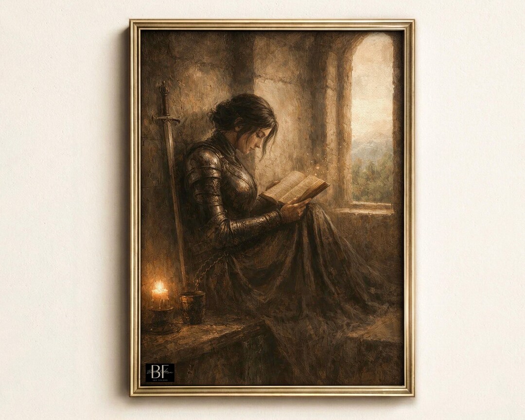 Victorian Woman Knight Reading a Book Vintage Wall Art Print, Book ...