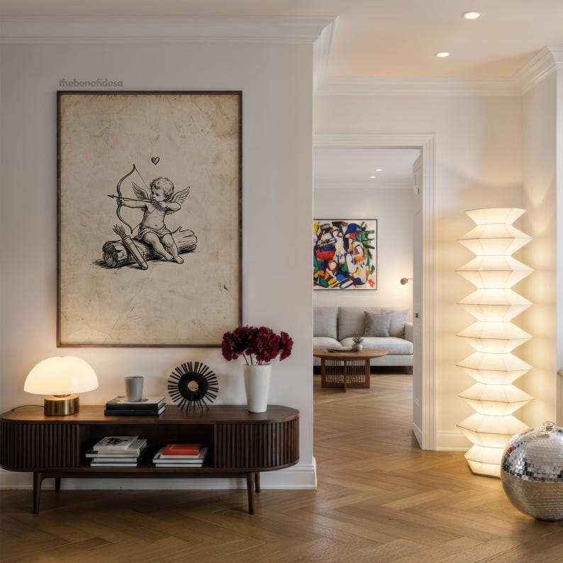 Arte de parede vintage com desenho de Cupido, ilustração antiga de ...