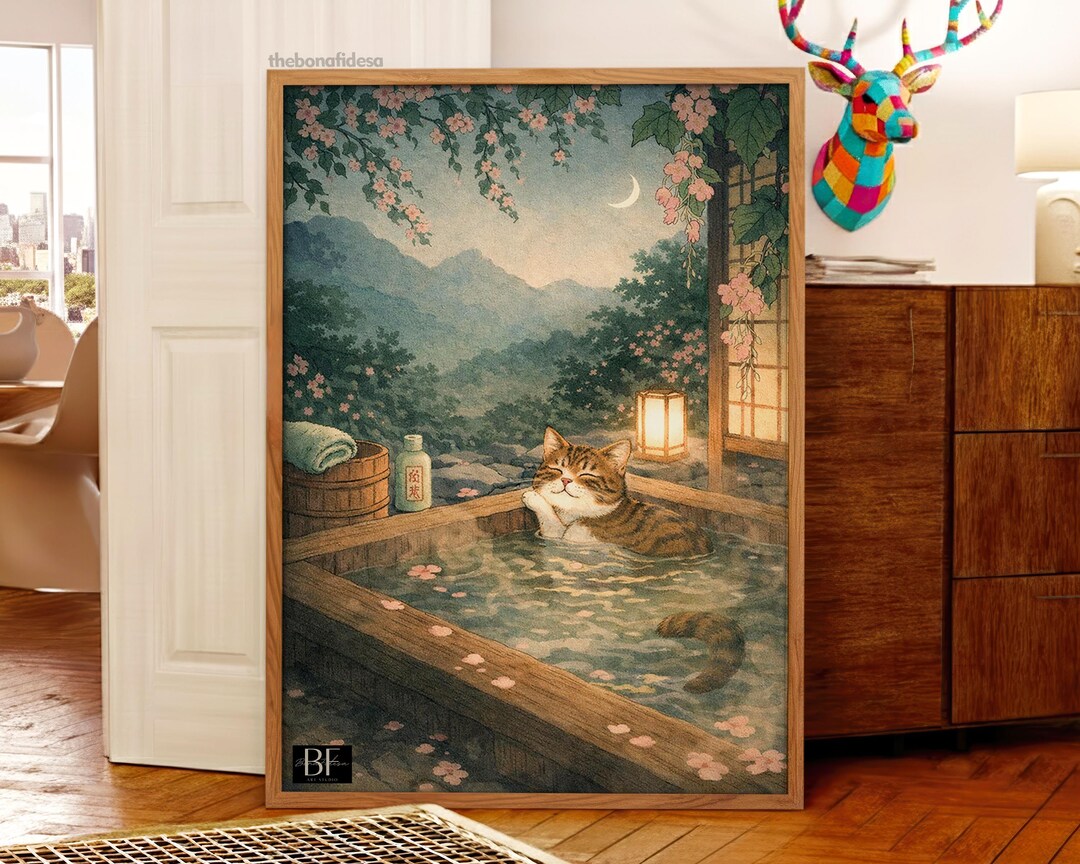Tabby Cat in Bathtub Art Print: Japanese Bathroom Decor in Ukiyo-e ...