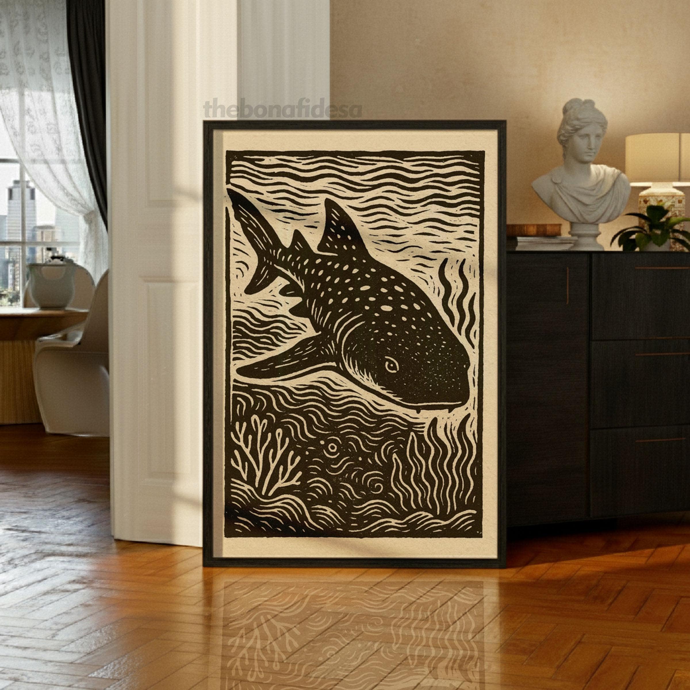 Whale Shark Linocut Print, Beige Rustic Coastal Wall Art (digital ...