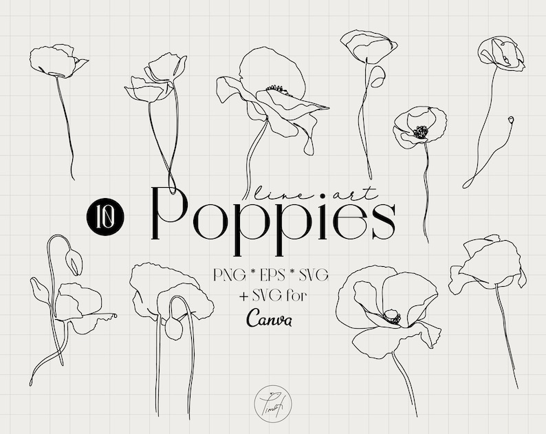 Poppies Svg Floral Line Clipart, Poppy Clipart Svg for Canva One Line ...
