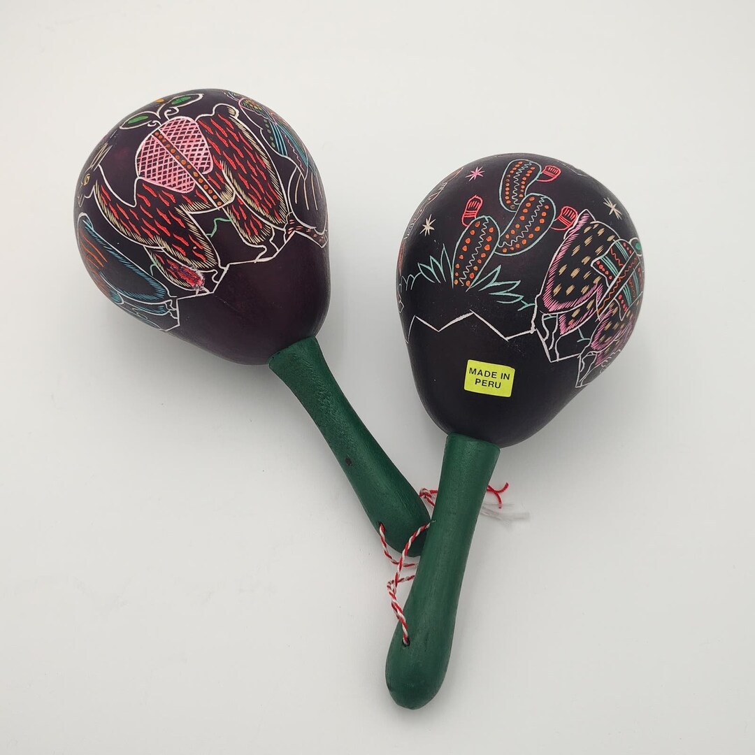 Folk Art Carved Gourd Maracas Peru Llamas Alpacas Handmade Percussion ...