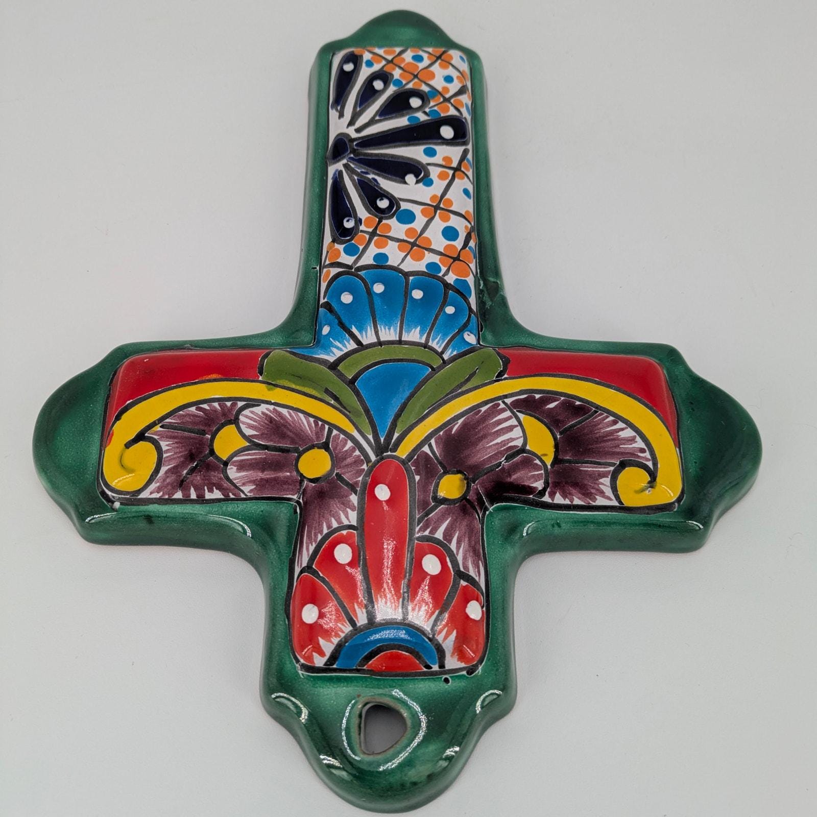 Talavera Hand Painted Mexican Cross Terra Cotta Ceramic Wall Plaque 11 ...