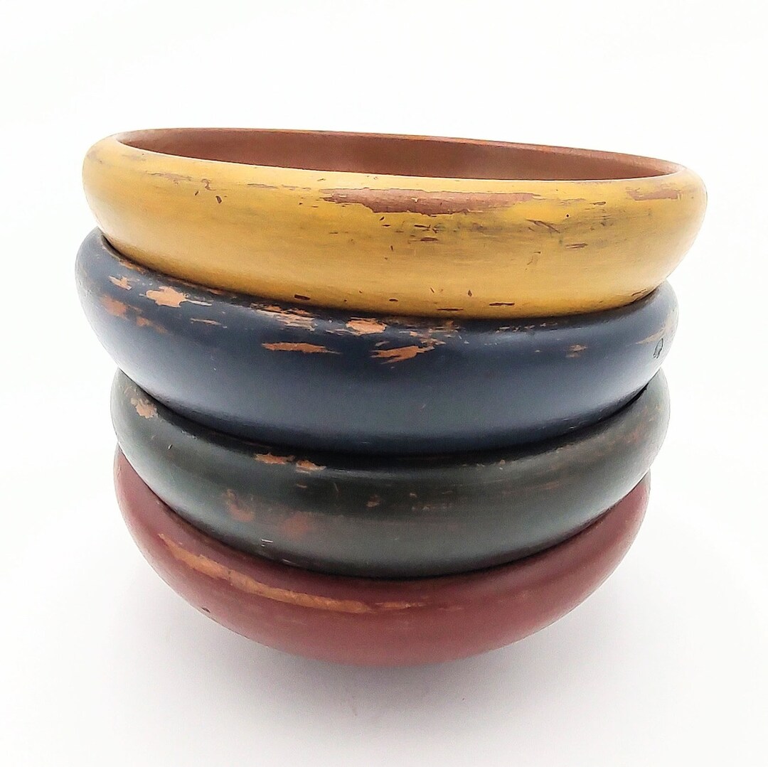Primitive Turned Wood Bowls Set of 4 Color Block VTG Rustic Decorative ...